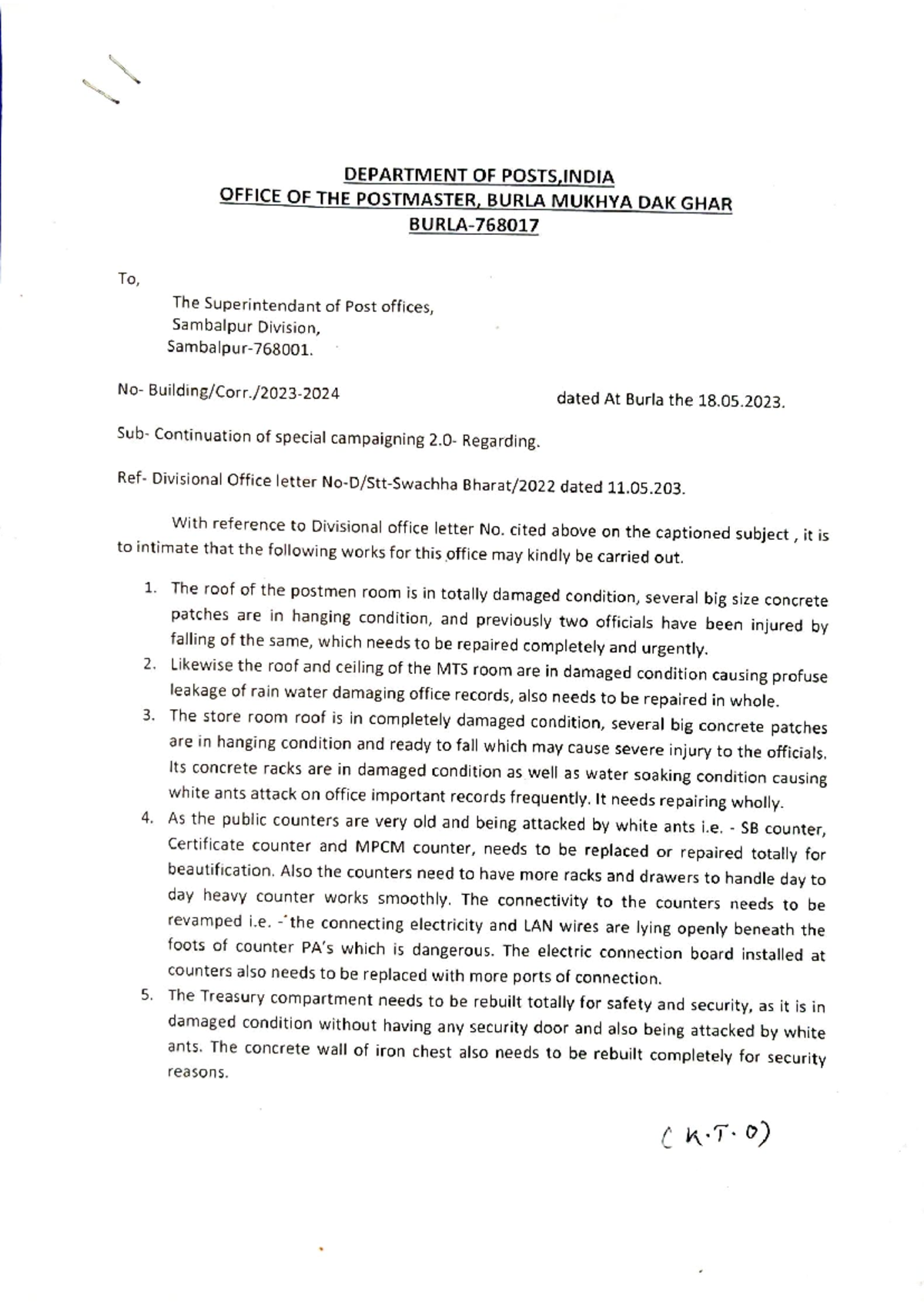 Document 203 - Add - DEPARTMENT OF POSTS, INDIA OFFICE OF THE POSTMASTER, BURLA MUKHYA DAK GHAR ...