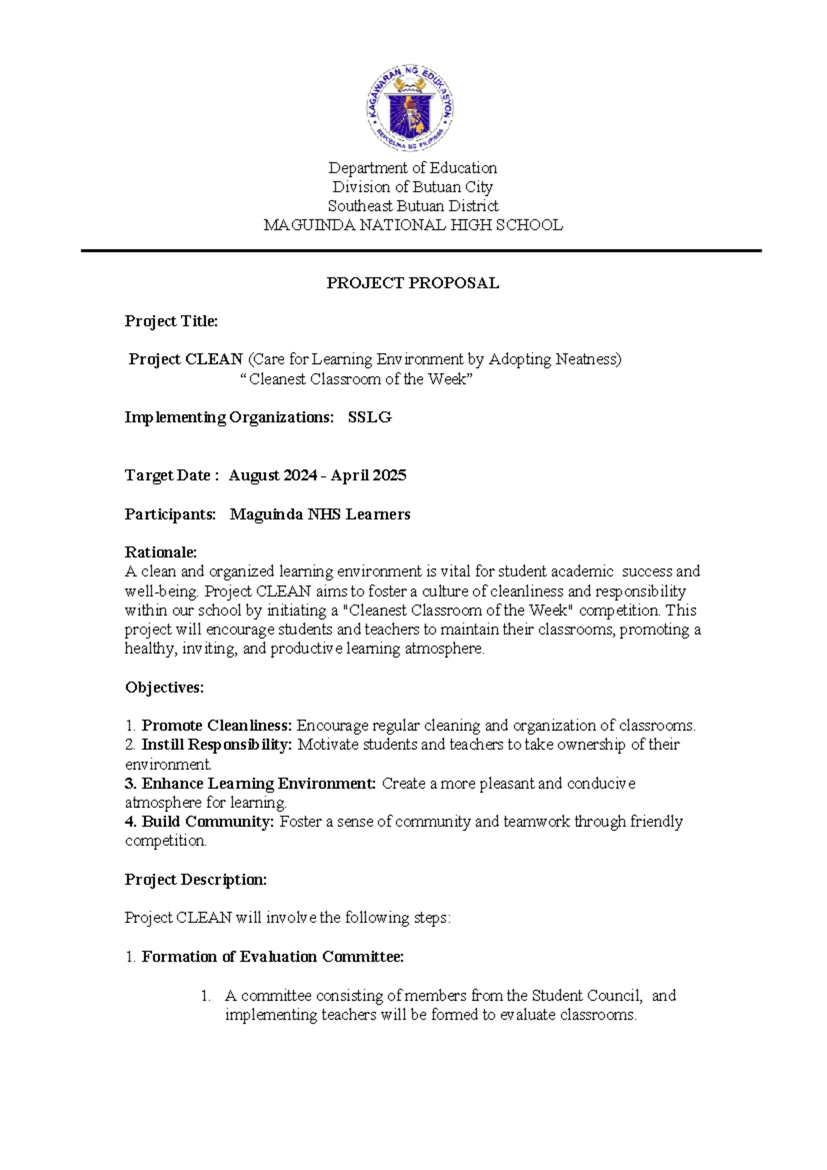 Project Proposal Cleanest Classroom of the week - Department of ...