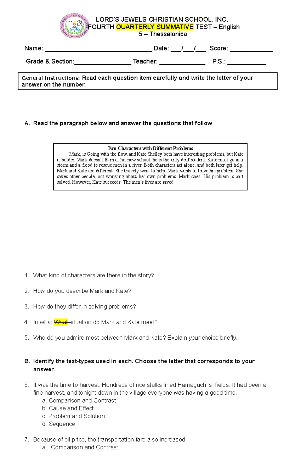 English 5 4th Summative Test checked - LORD’S JEWELS CHRISTIAN SCHOOL ...