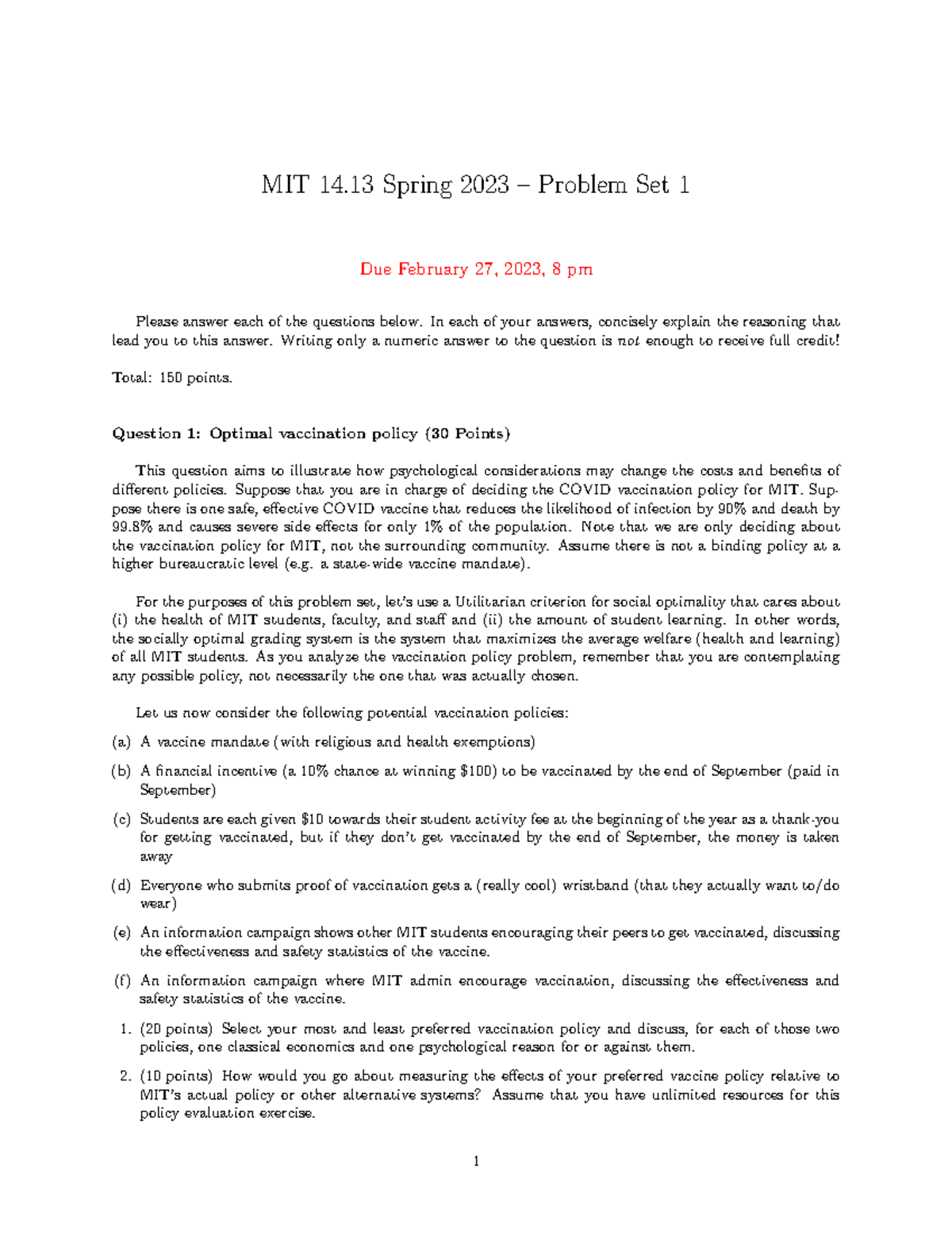 PSET1 - MIT 14 Spring 2023 – Problem Set 1 Due February 27, 2023, 8 pm ...