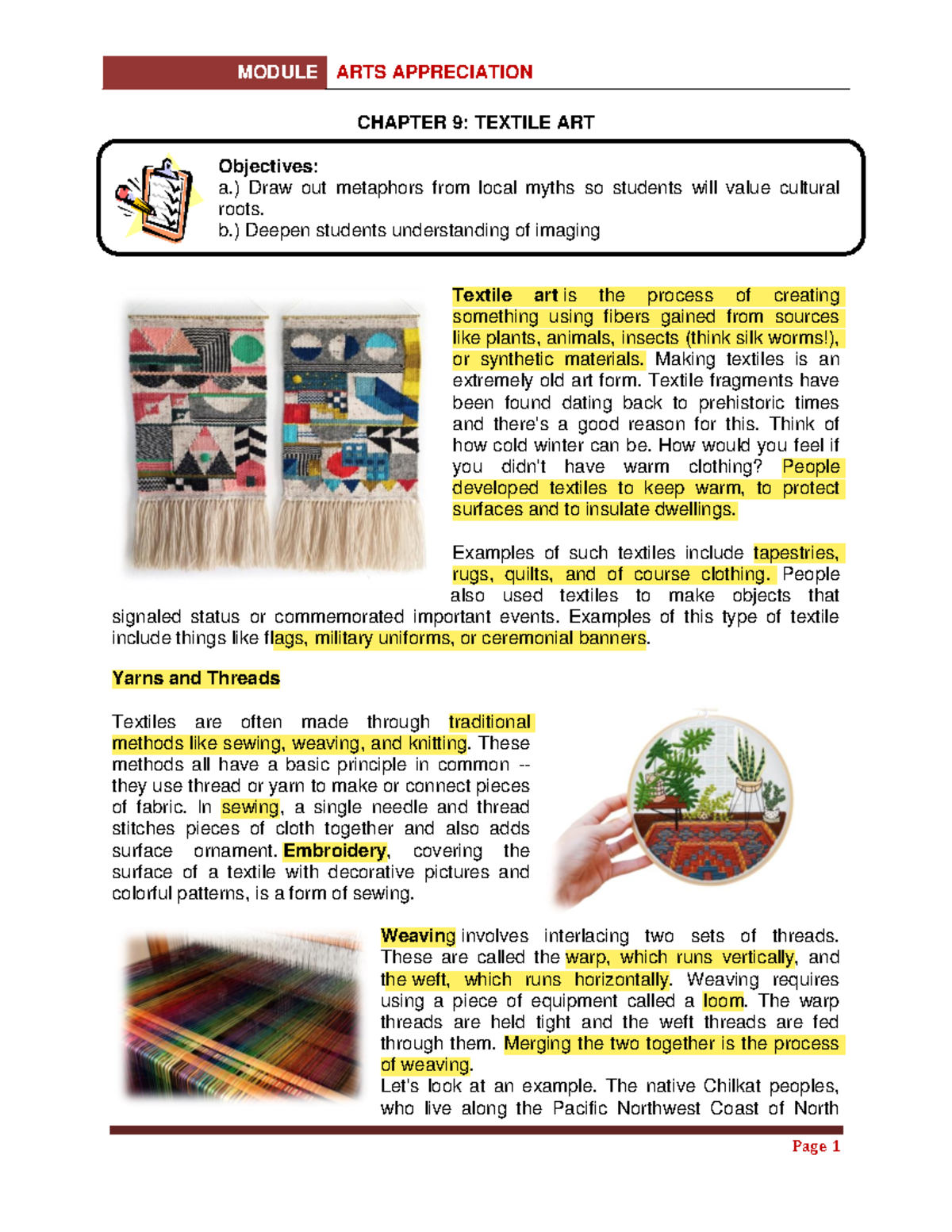 Textile-art - CHAPTER 9: TEXTILE ART Objectives: a.) Draw out metaphors ...