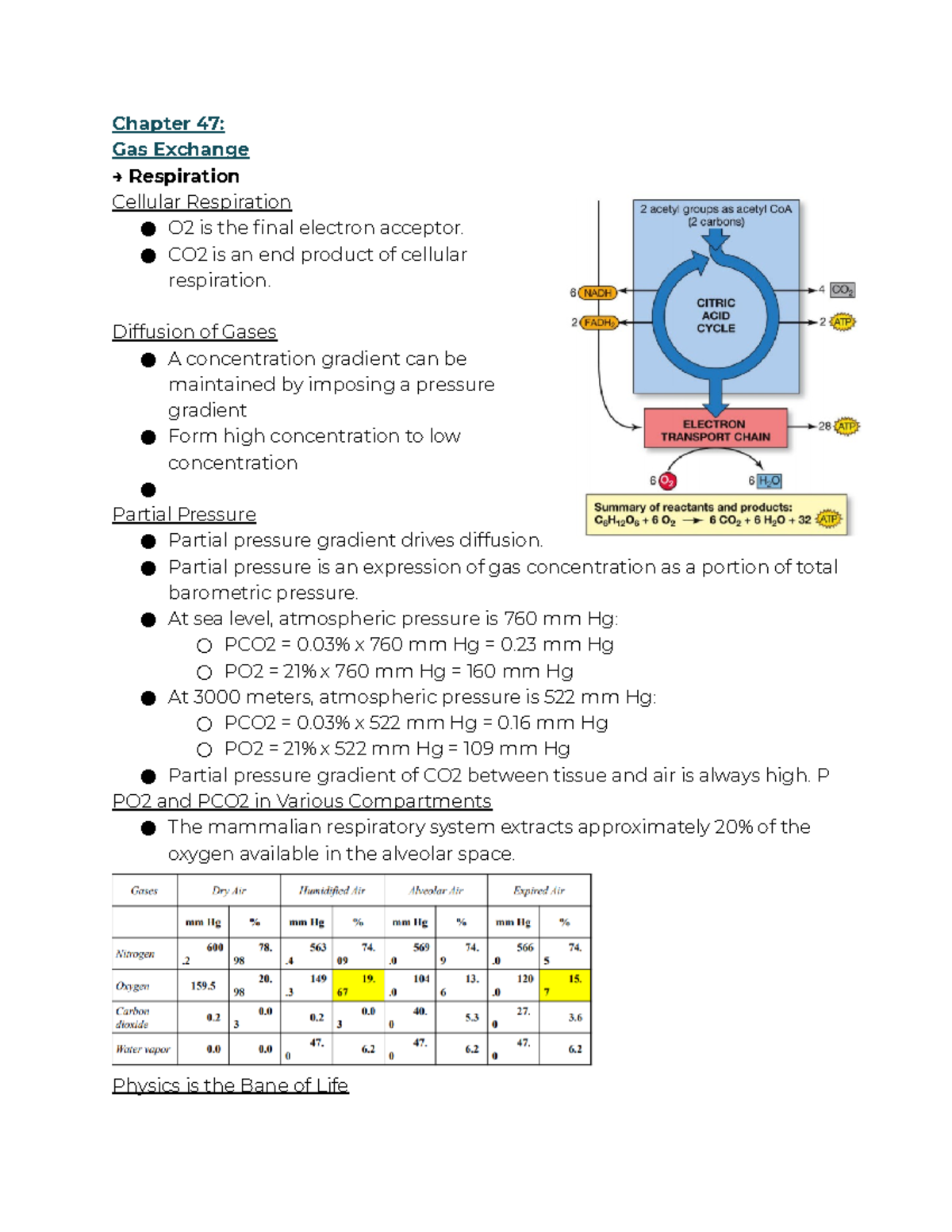 Lecture notes chapter 47 - Chapter 47: Gas Exchange → Respiration ...