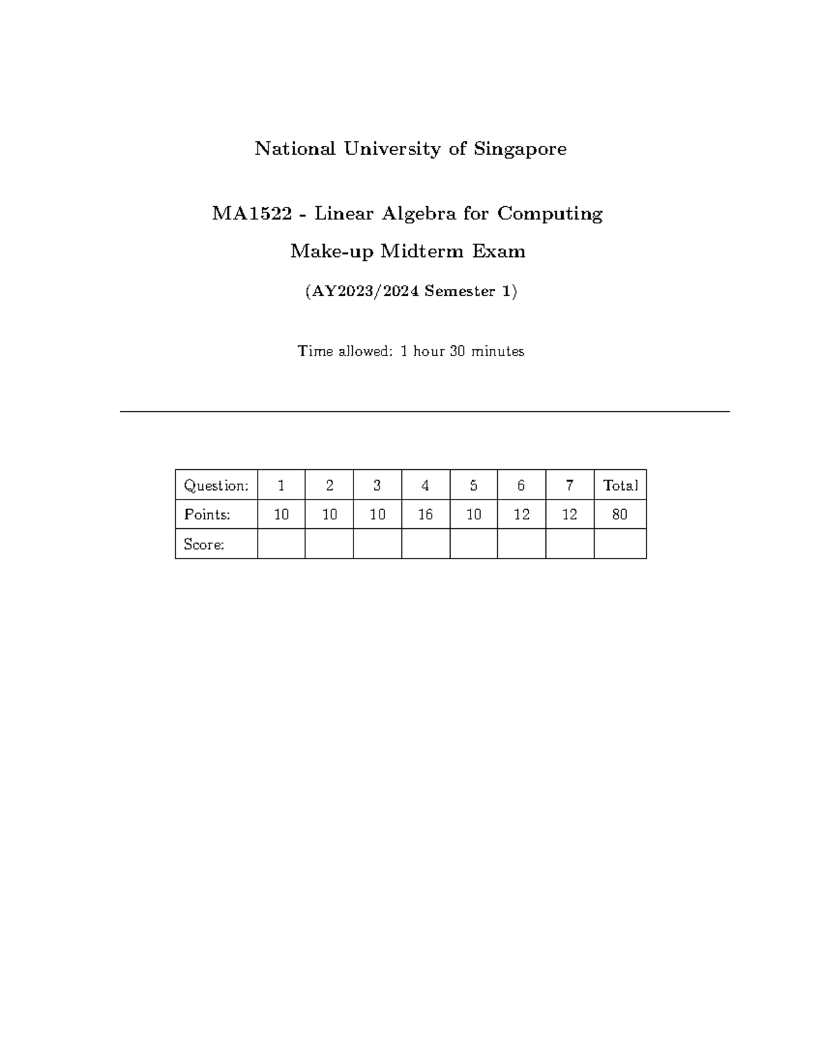 Makeup Midterm Exam(Solution) - National University of Singapore MA1522 - Linear Algebra for ...