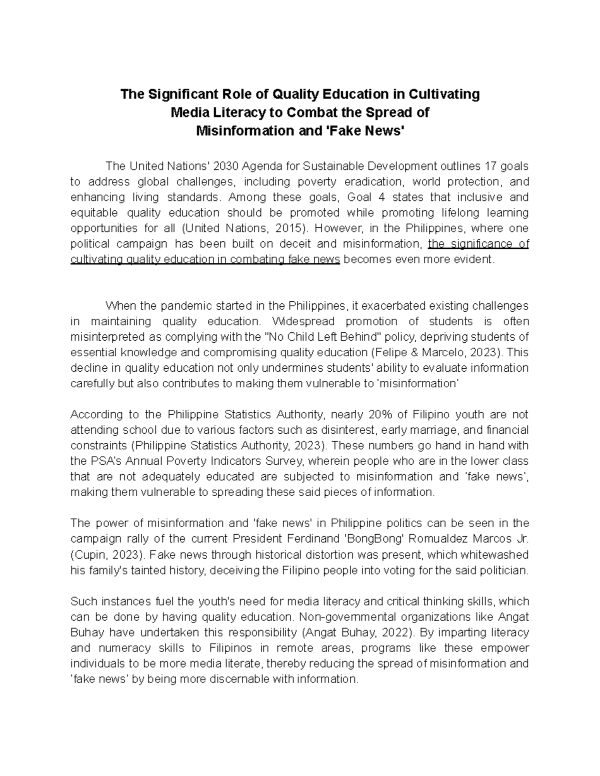 Position Paper, The Significant Role of Quality Education in ...