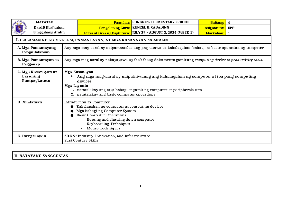 Q1W1 EPP IV Matatag LP - Syllabus - MATATAG K to10 Kurikulum Lingguhang ...