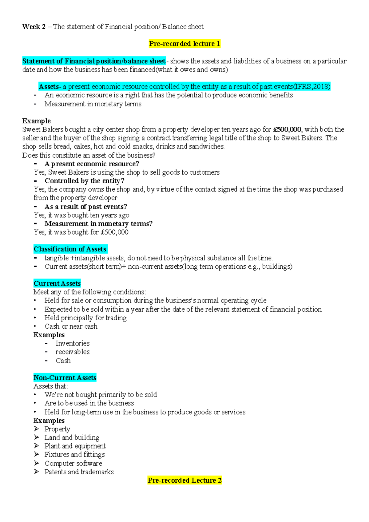 Week 2 - ...... - Week 2 – The statement of Financial position/ Balance ...