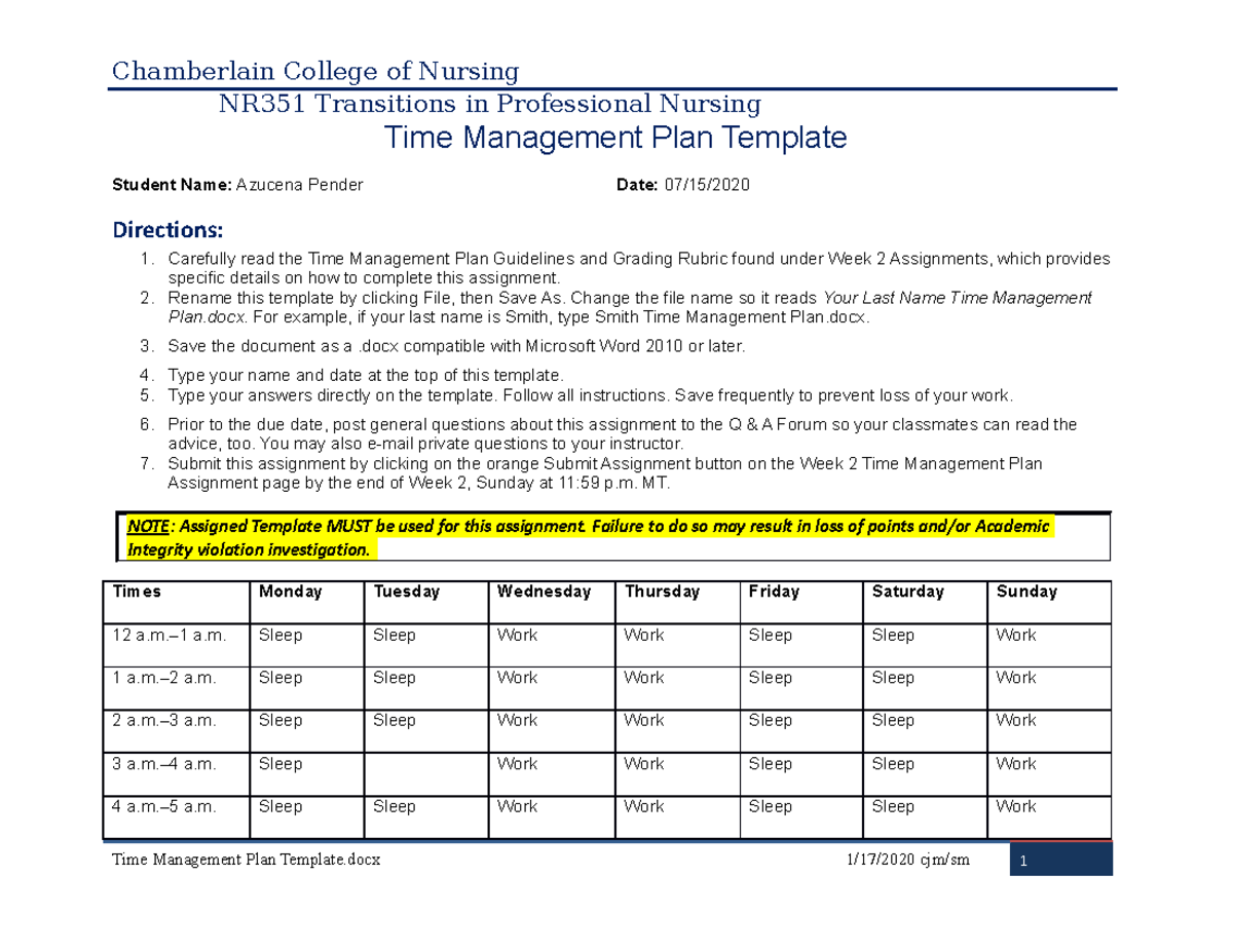 Pender Time Management Plan - NR351 Transitions in Professional Nursing ...