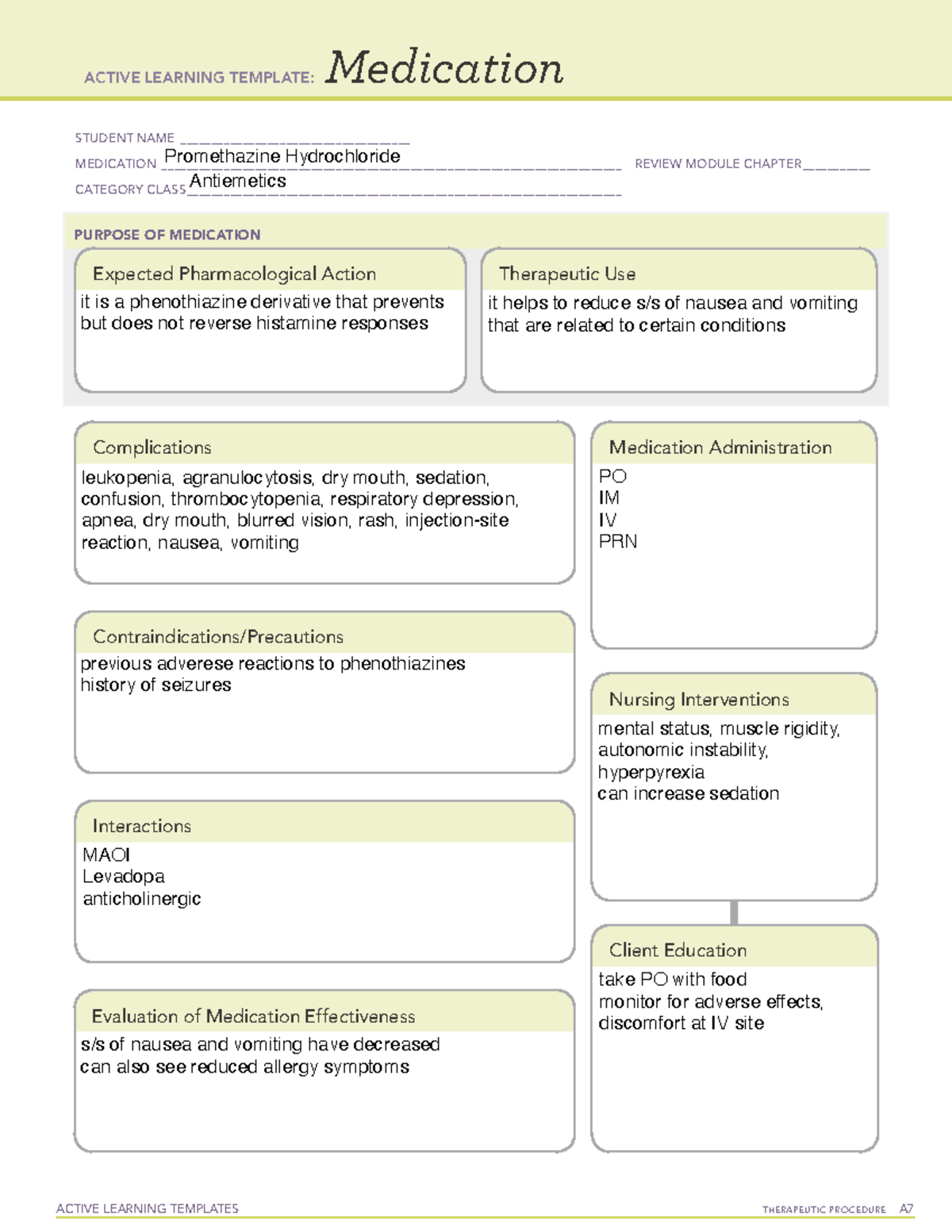 OB Day1- Promethazine - med list - ACTIVE LEARNING TEMPLATES ...