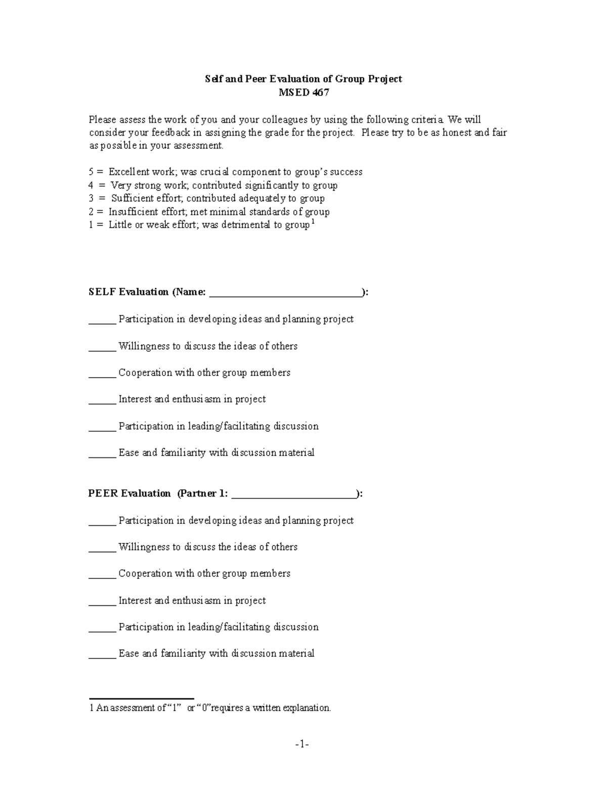 Self and Peer Evaluation Lecture Notes - Self and Peer Evaluation of ...