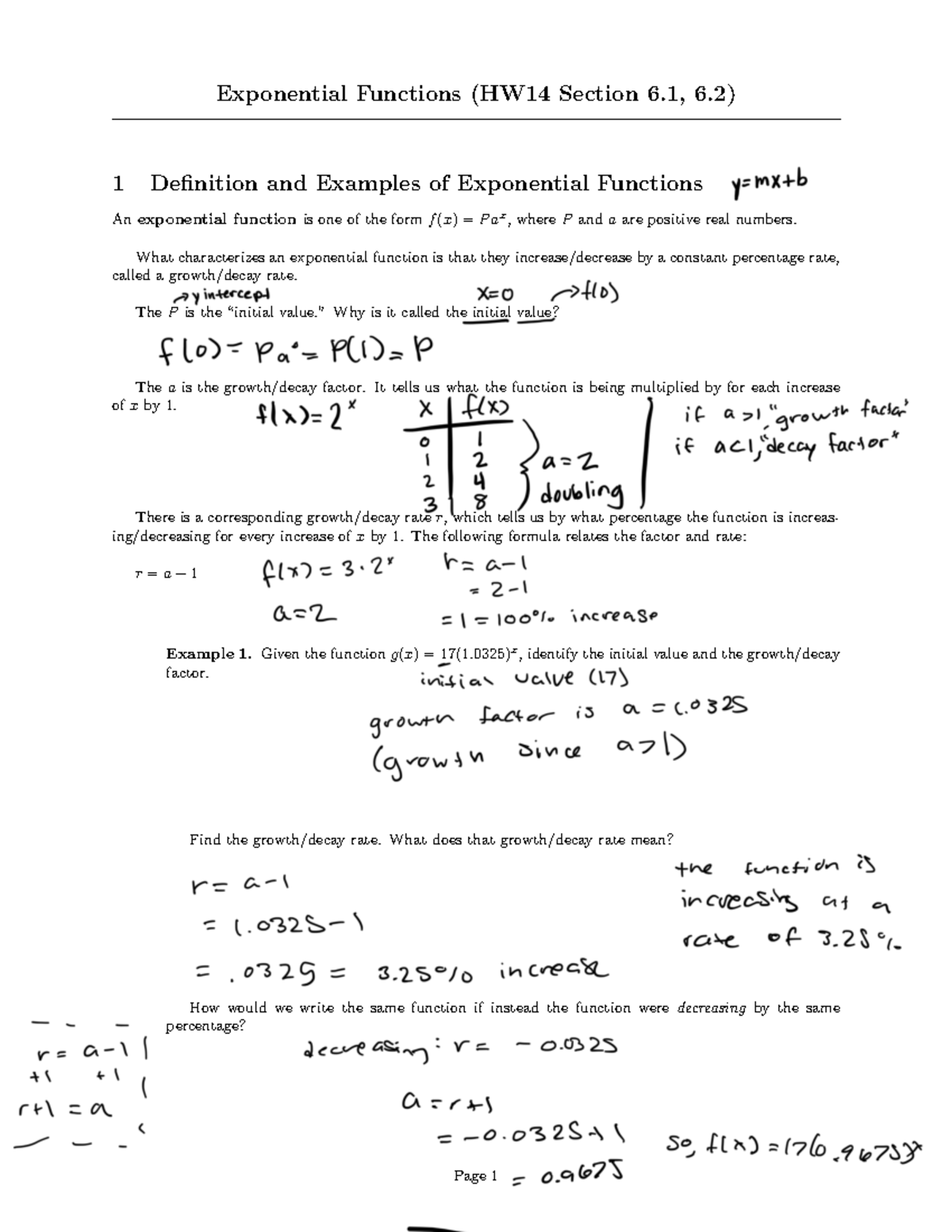 Section 6.1, 6.2 Notes - Exponential Functions (HW14 Section 6, 6) 1 ...