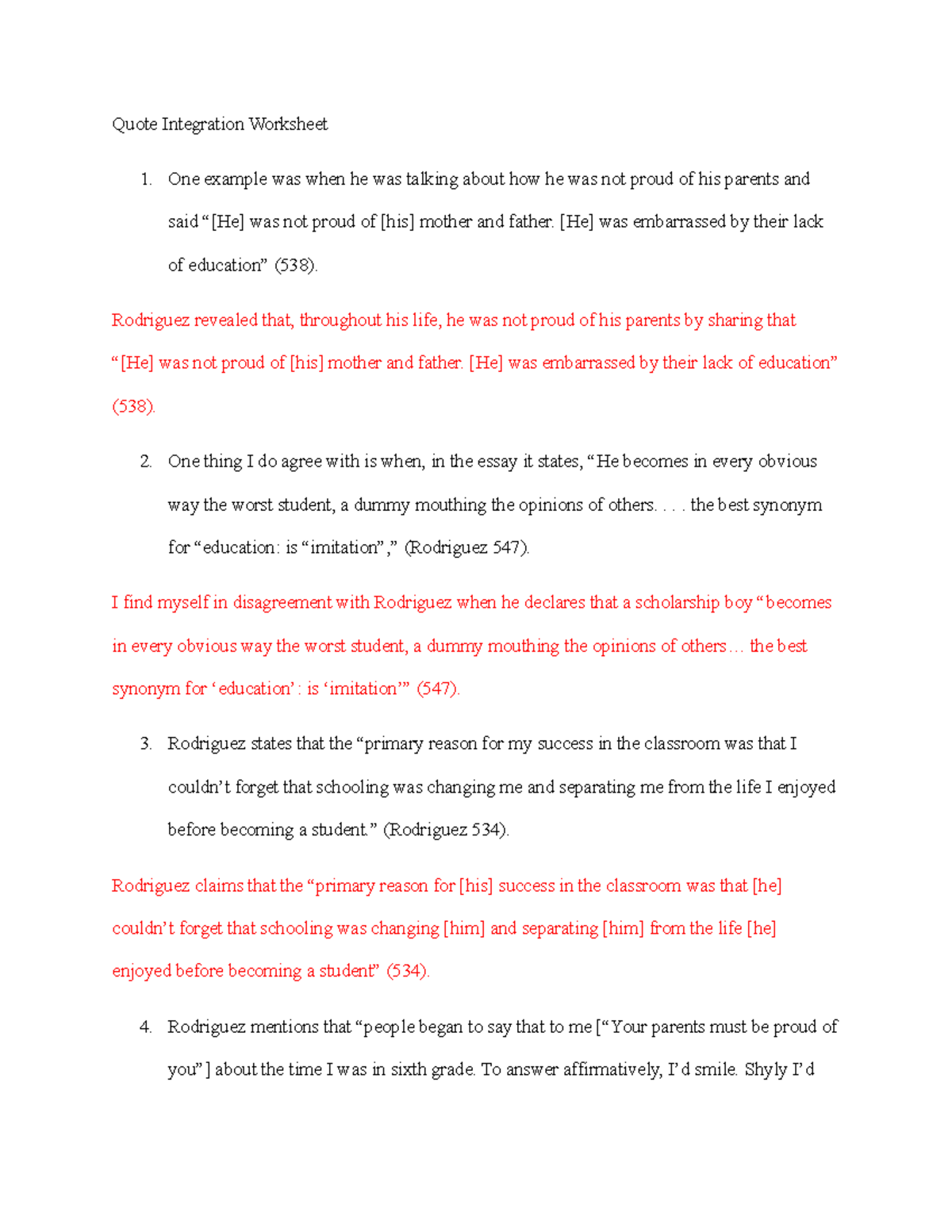 Quote Integration HW - Quote Integration Worksheet 1. One example was ...