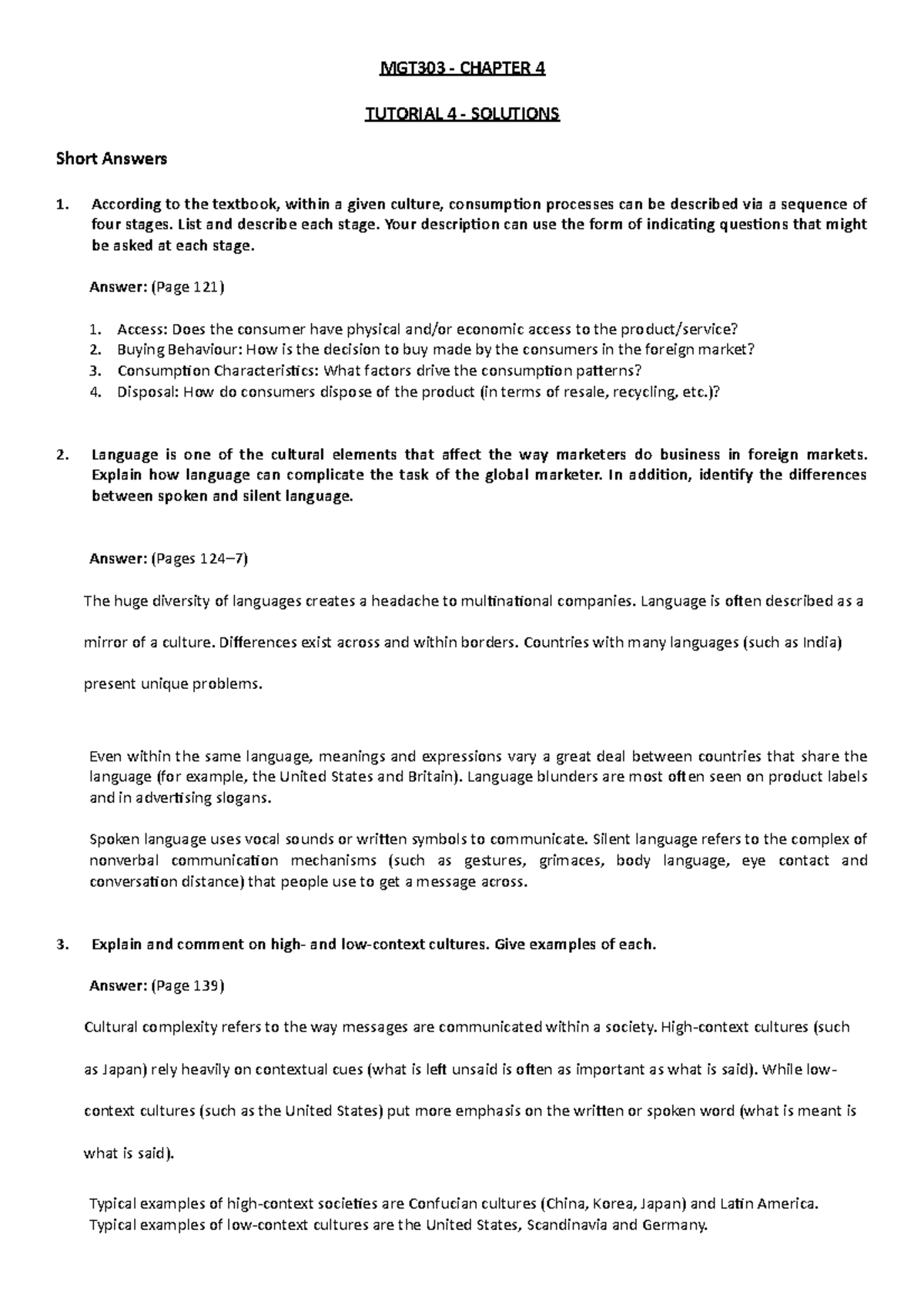 Tutorial 4 solutions - book solution international marketing - MGT303 ...