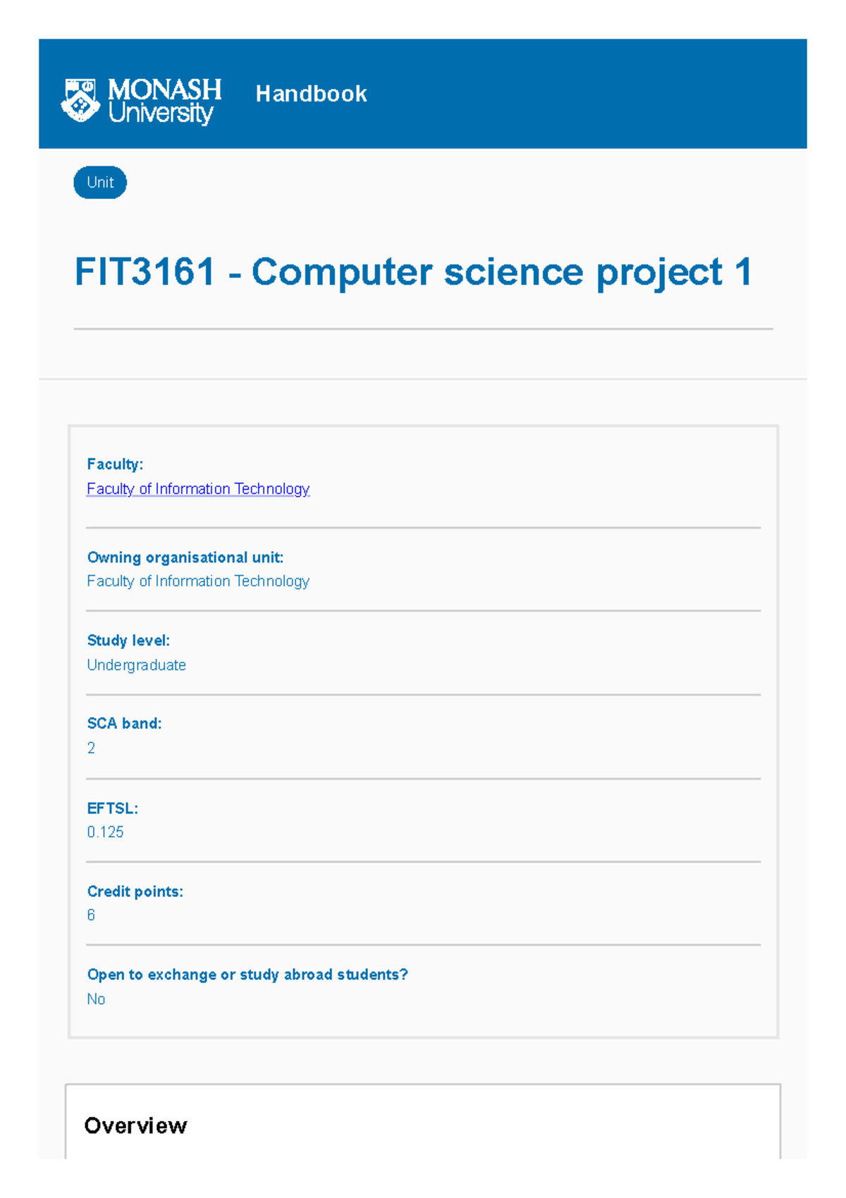 FIT3161 - Computer science project 1 - Monash University - Handbook ...