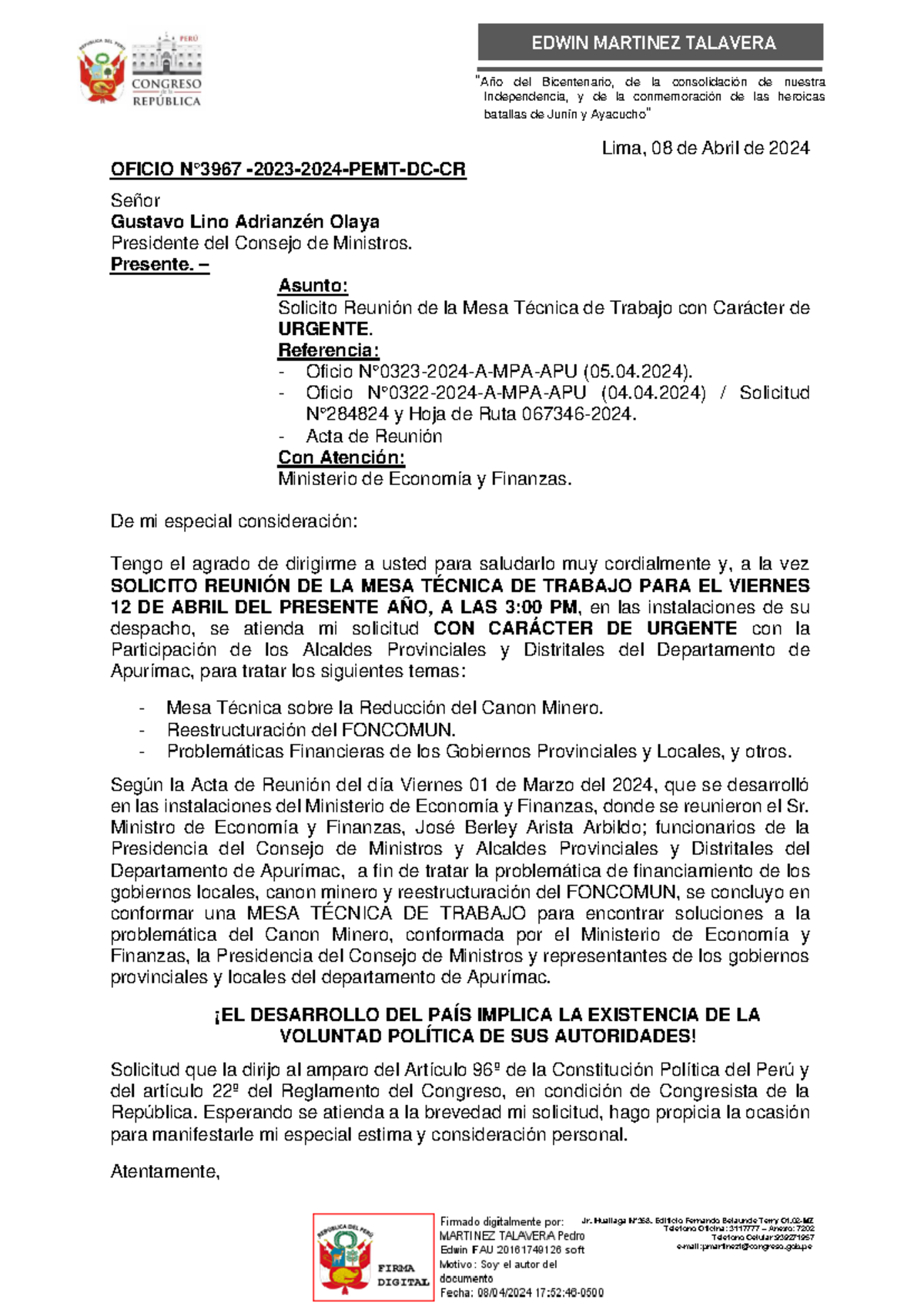 Oficio 3967-2023-2024[R] - “Año del Bicentenario, de la consolidación de nuestra Independencia ...