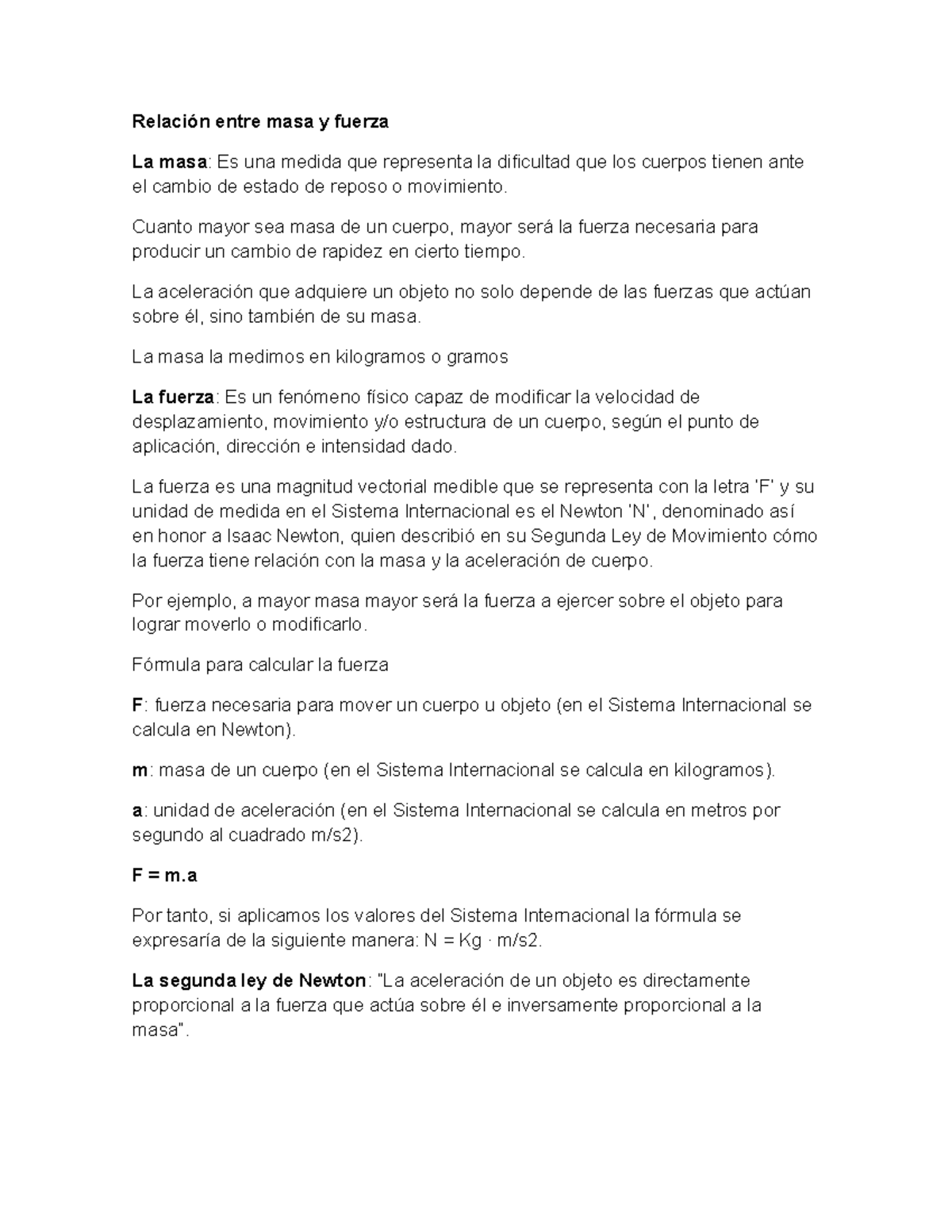 Relación entre masa y fuerza - Relación entre masa y fuerza La masa ...