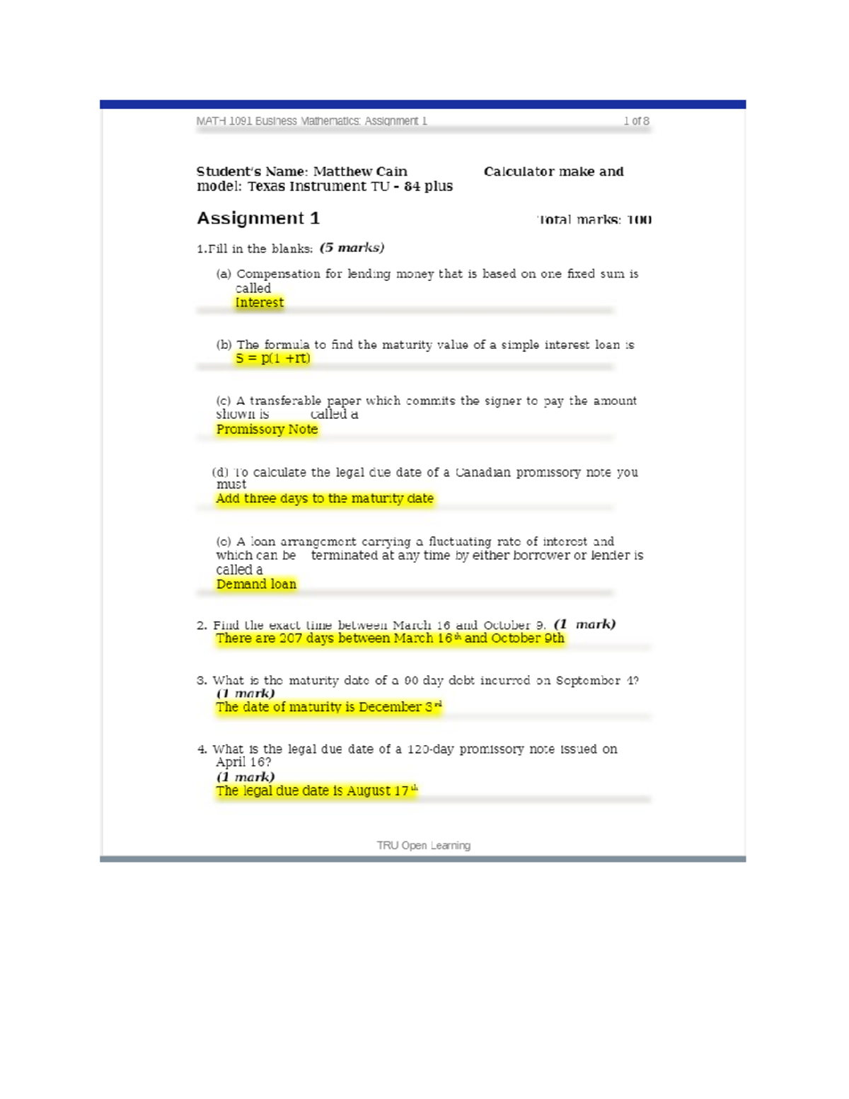 A1 - Solutions - MATH 1091 - Studocu