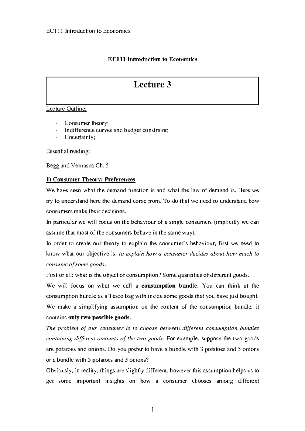 EC111Lecture 3 - EC111 lecture notes - EC111 Introduction to Economics ...