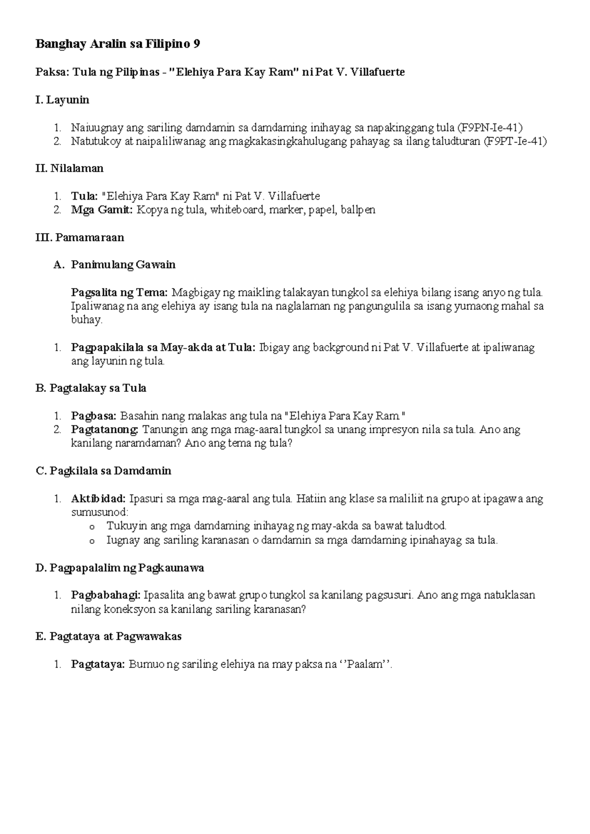 F9 tula elehiya - lesson plan - Banghay Aralin sa Filipino 9 Paksa ...