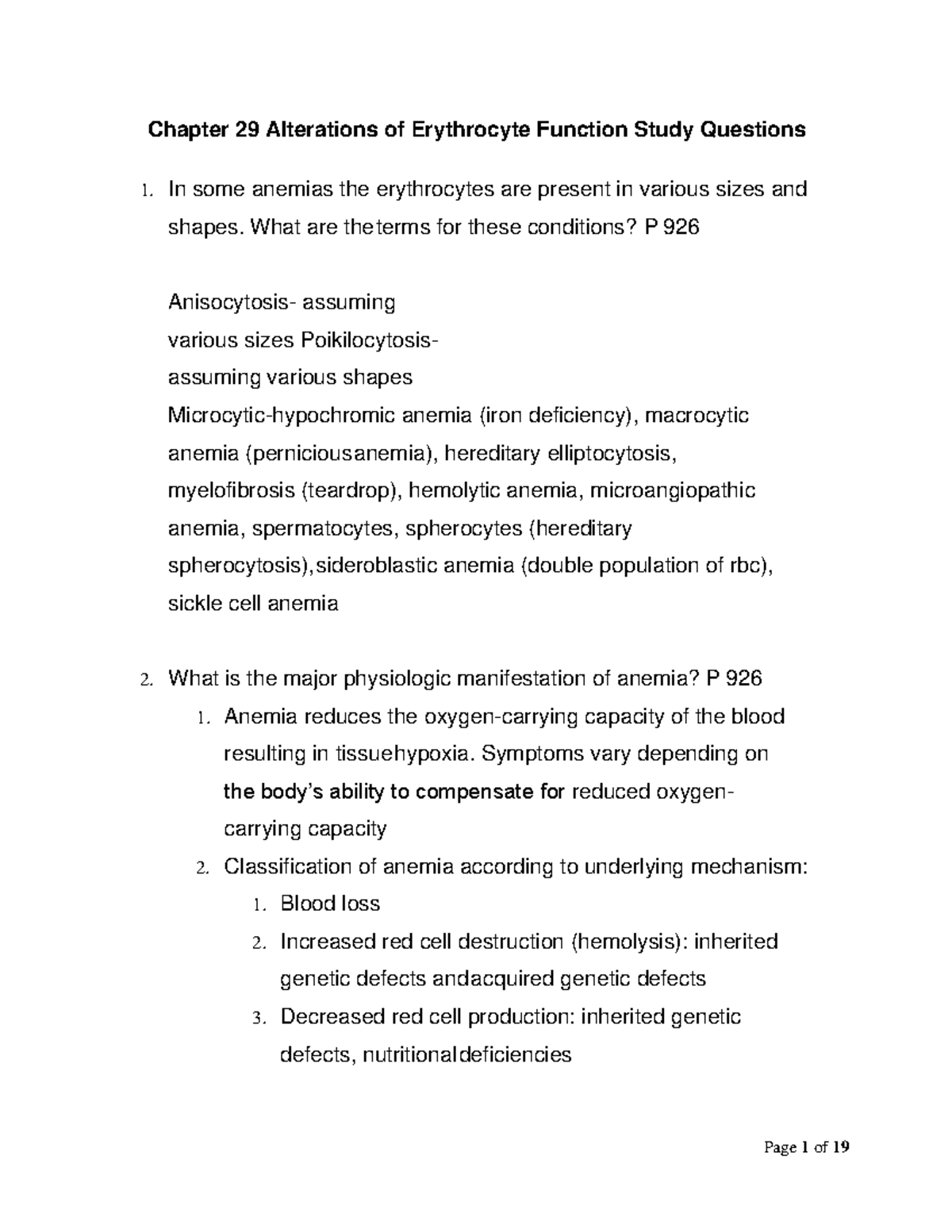 Hematologic study questions chapters 29 31 - Chapter 29 Alterations of Erythrocyte Function ...