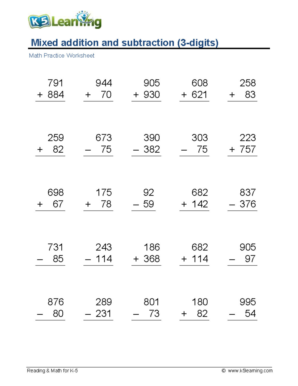 Add subtract 3 digits b - math\ - Reading & Math for K-5 © k5learning ...