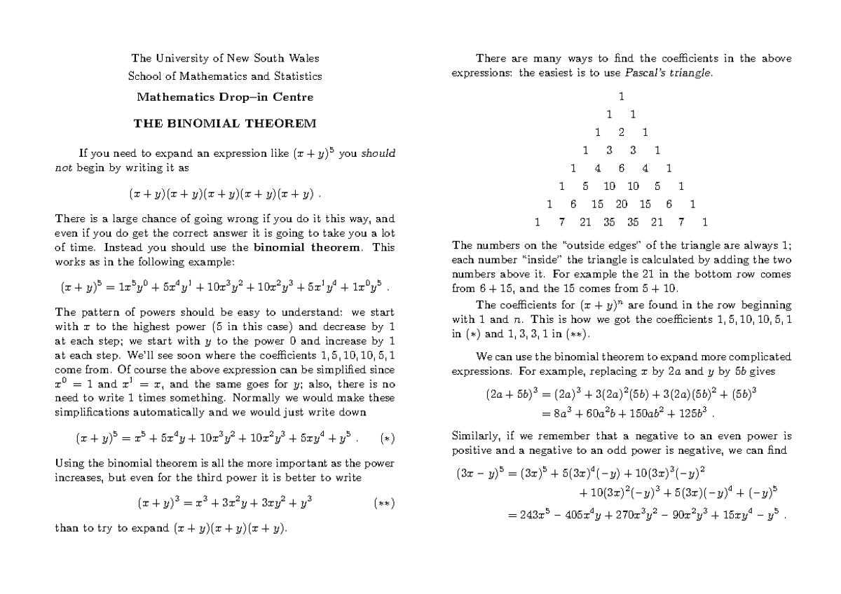 2022 01 Science Maths binomial theorem - The University of New South ...