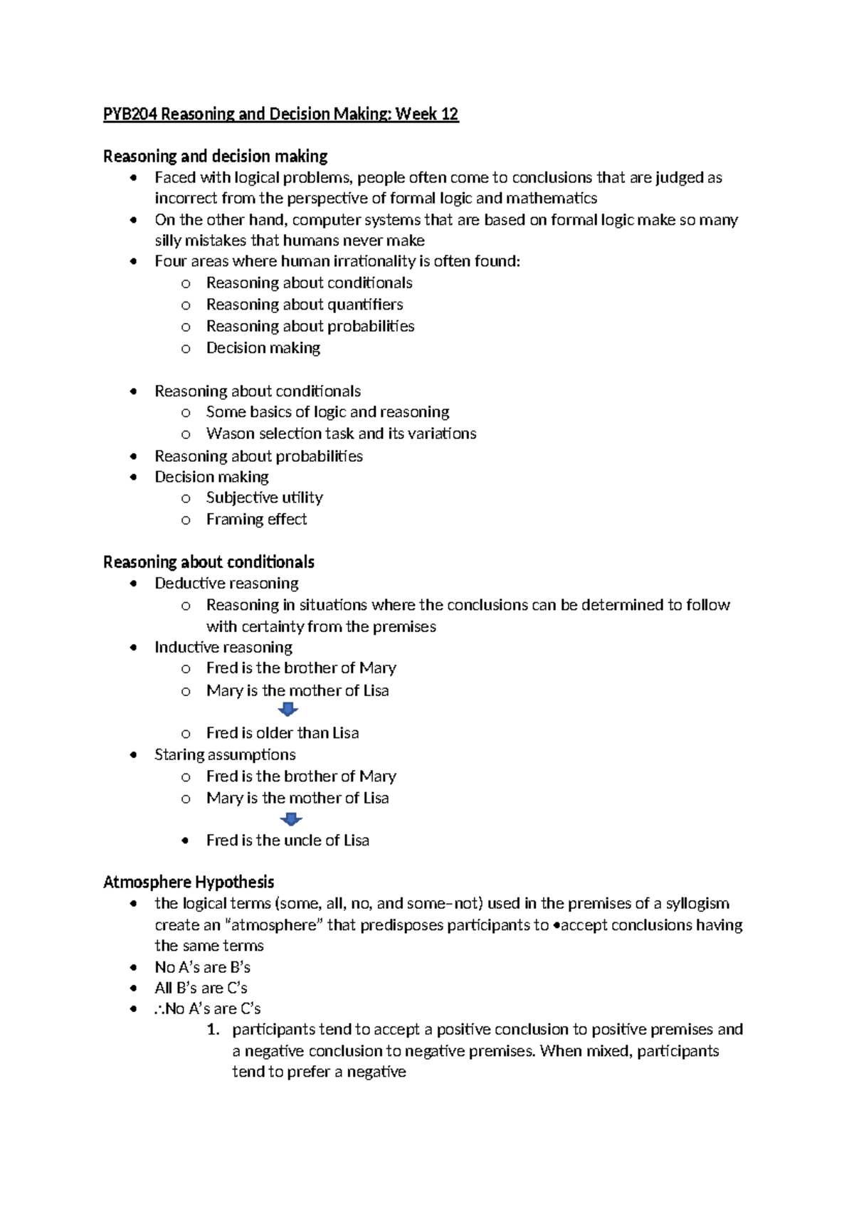 Week 12 - lecture notes from class - PYB204 Reasoning and Decision ...