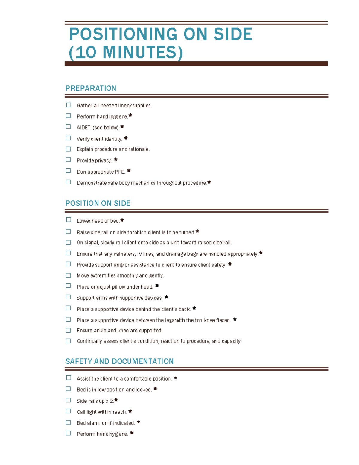 Positioning on Side - Check off validation sheet with asterisks on ...