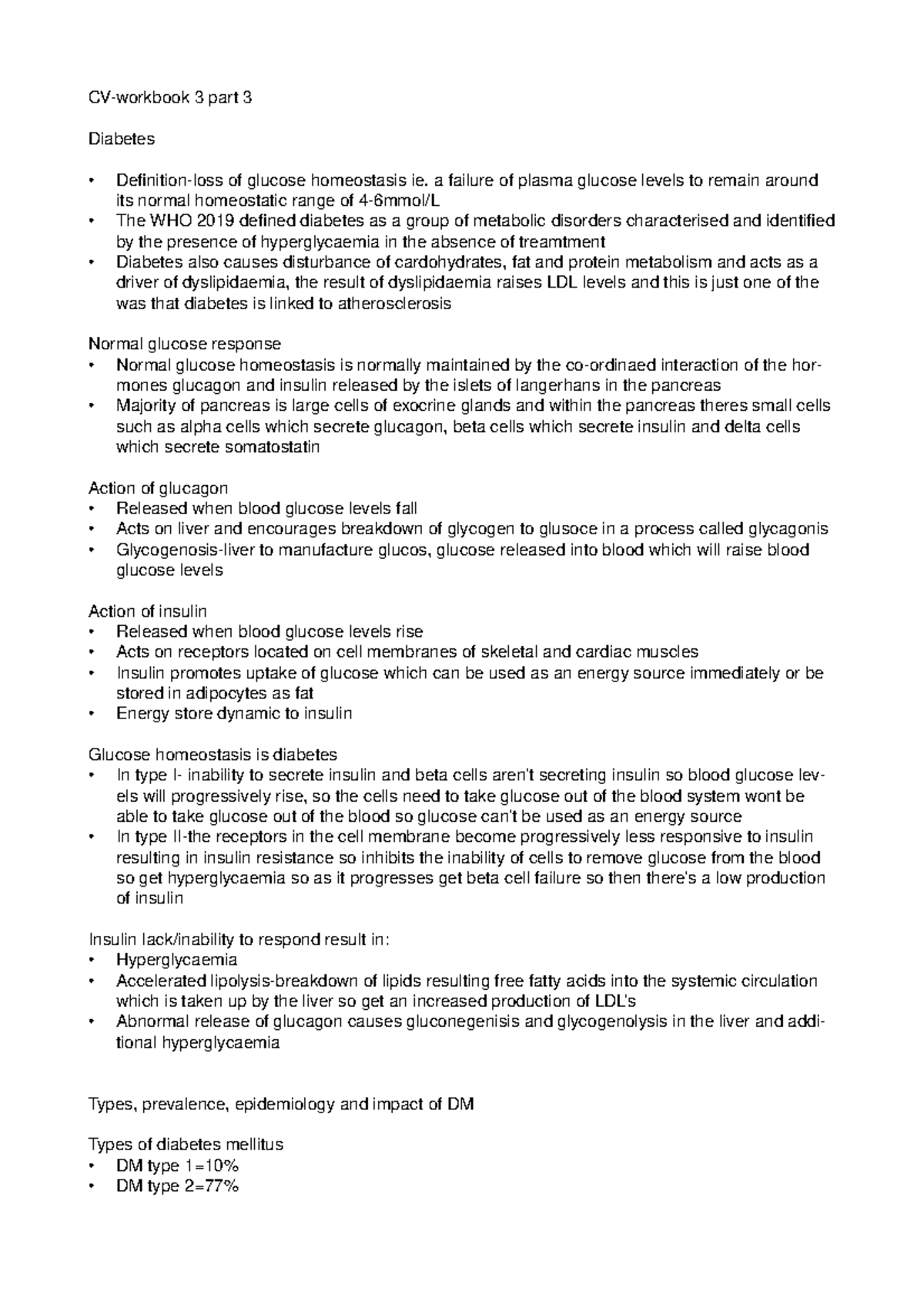 CV-diabetes workbook - CV-workbook 3 part 3 Diabetes Definition-loss of ...