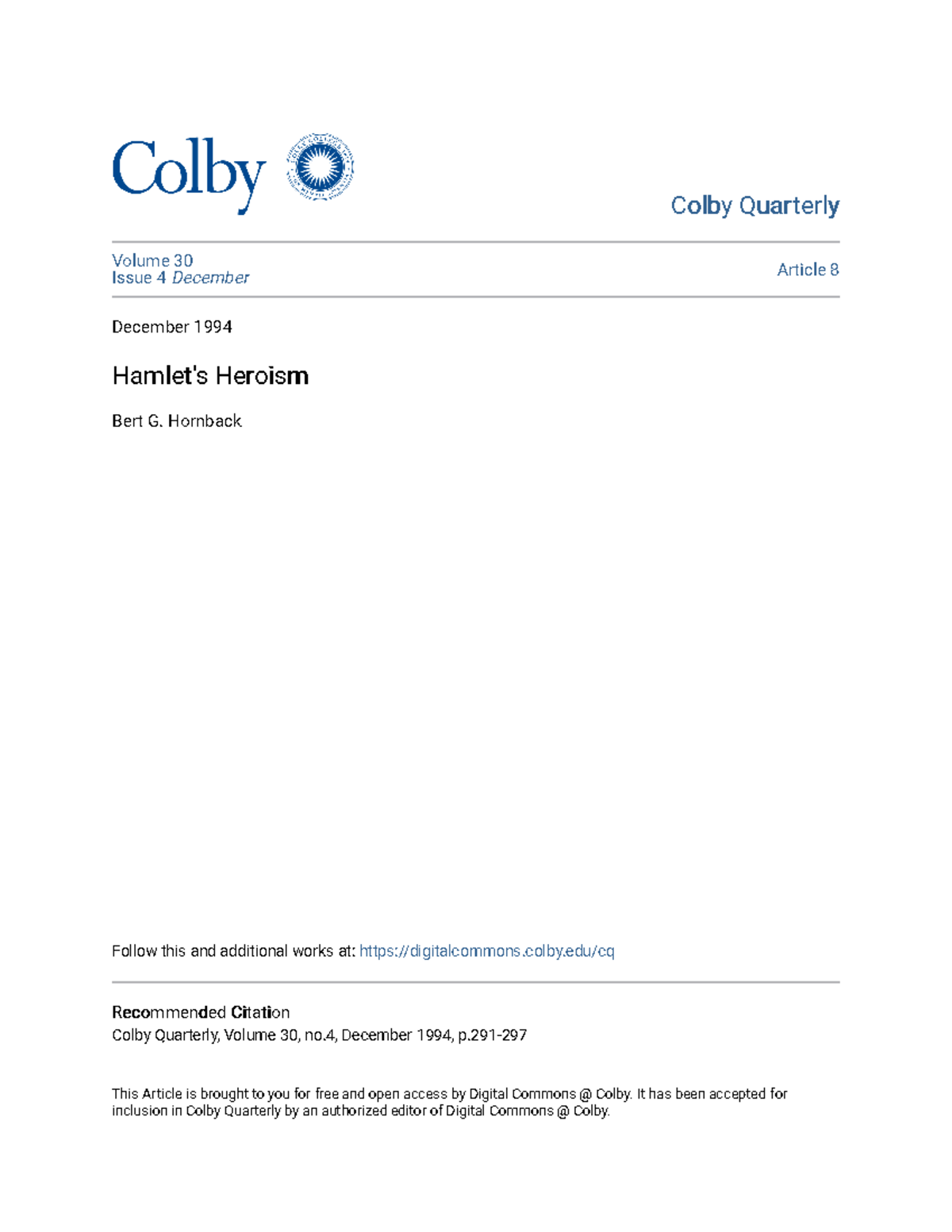 Hamlets Heroism - by Bert G Hornback - Colby QuarterlyColby Quarterly ...
