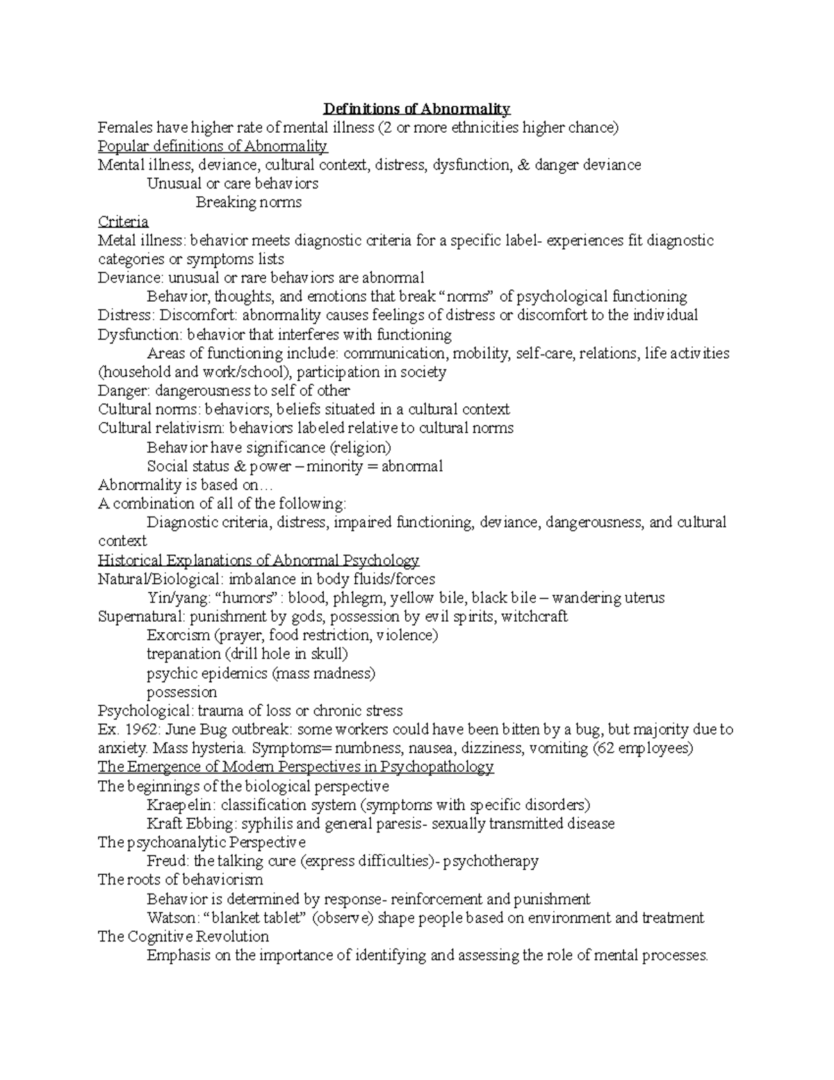 Exam 1 Abnormal Psychology Review Definitions Of Abnormality Females