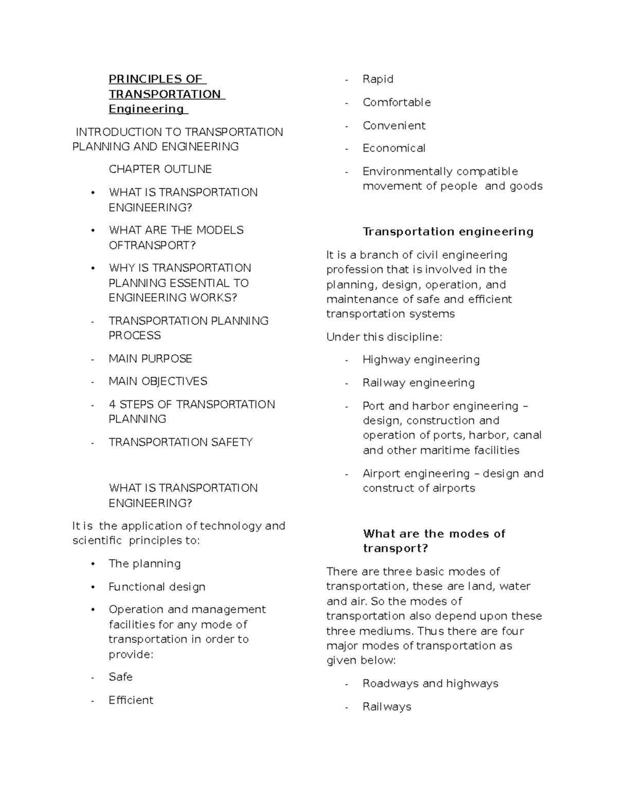 Lec1 - Note for u - PRINCIPLES OF TRANSPORTATION Engineering ...