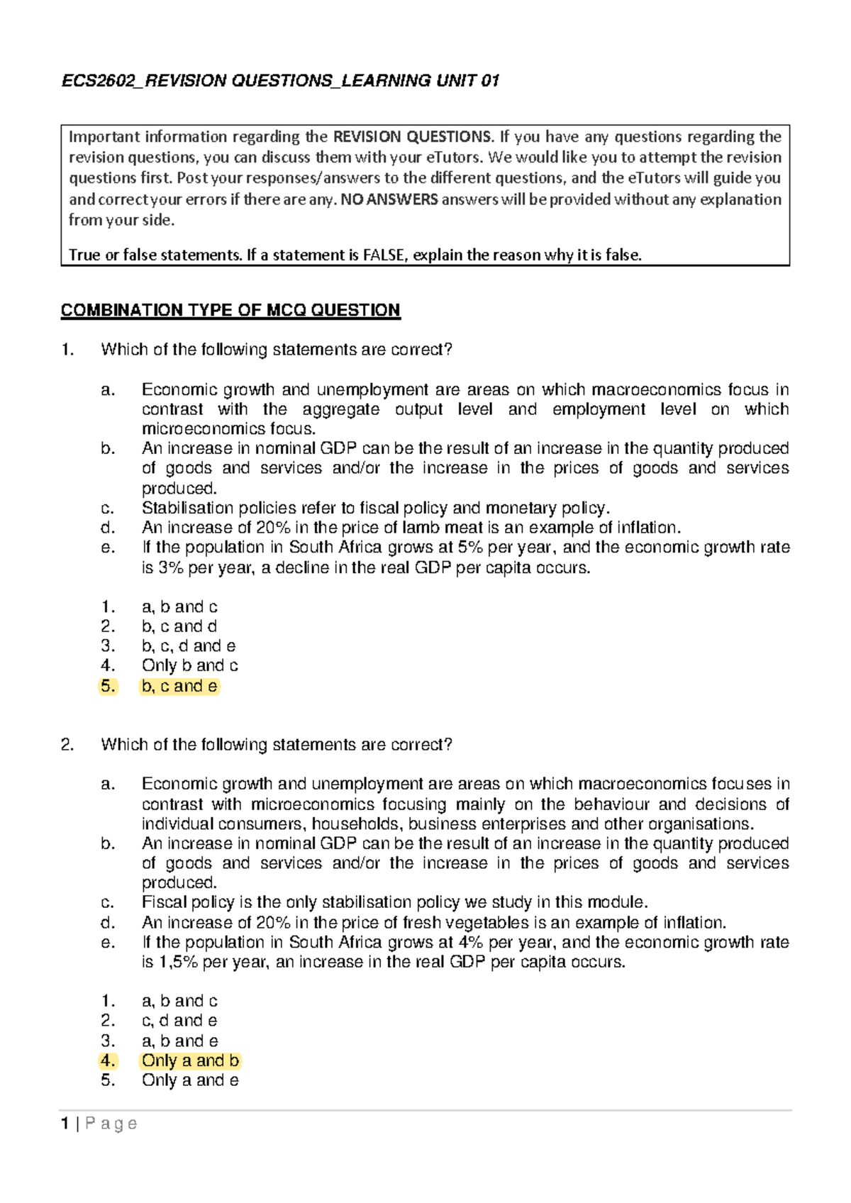 ECS2602- Learning UNIT 01 Revison Q & A - 1 | P a g e ECS2602_REVISION QUESTIONS_LEARNING UNIT ...