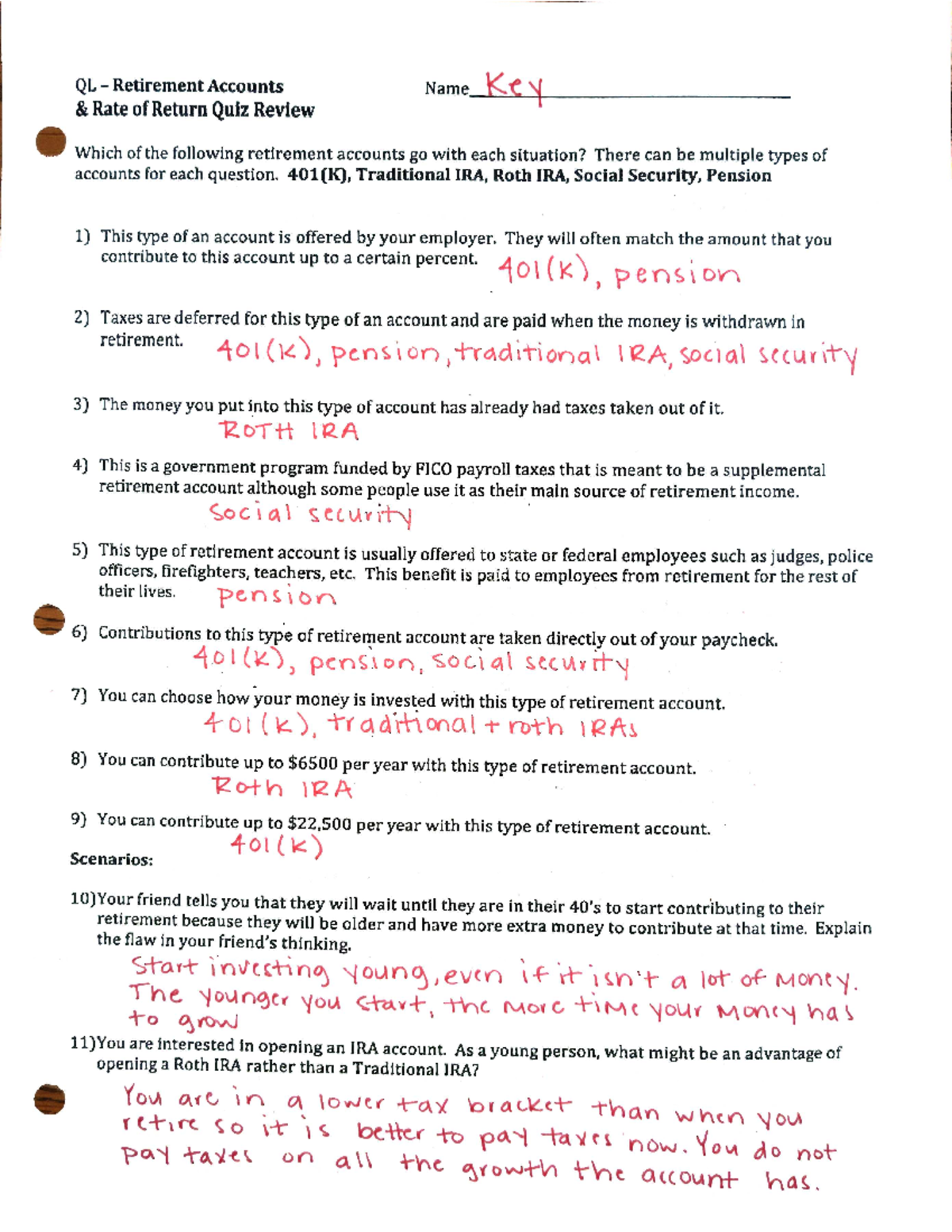 Quiz Review - Retirement Accounts Rate of Return KEY - Studocu