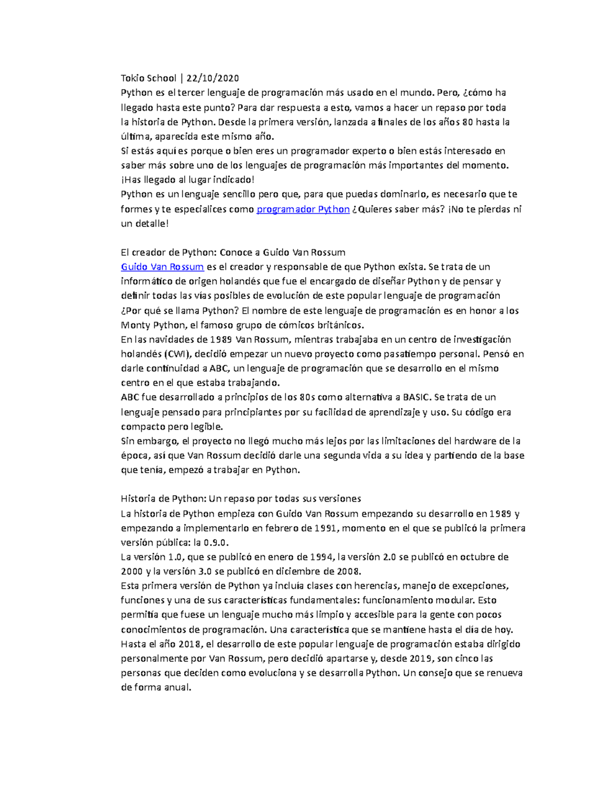 Python historia - sistemas - Tokio School | 22/10/ Python es el tercer ...