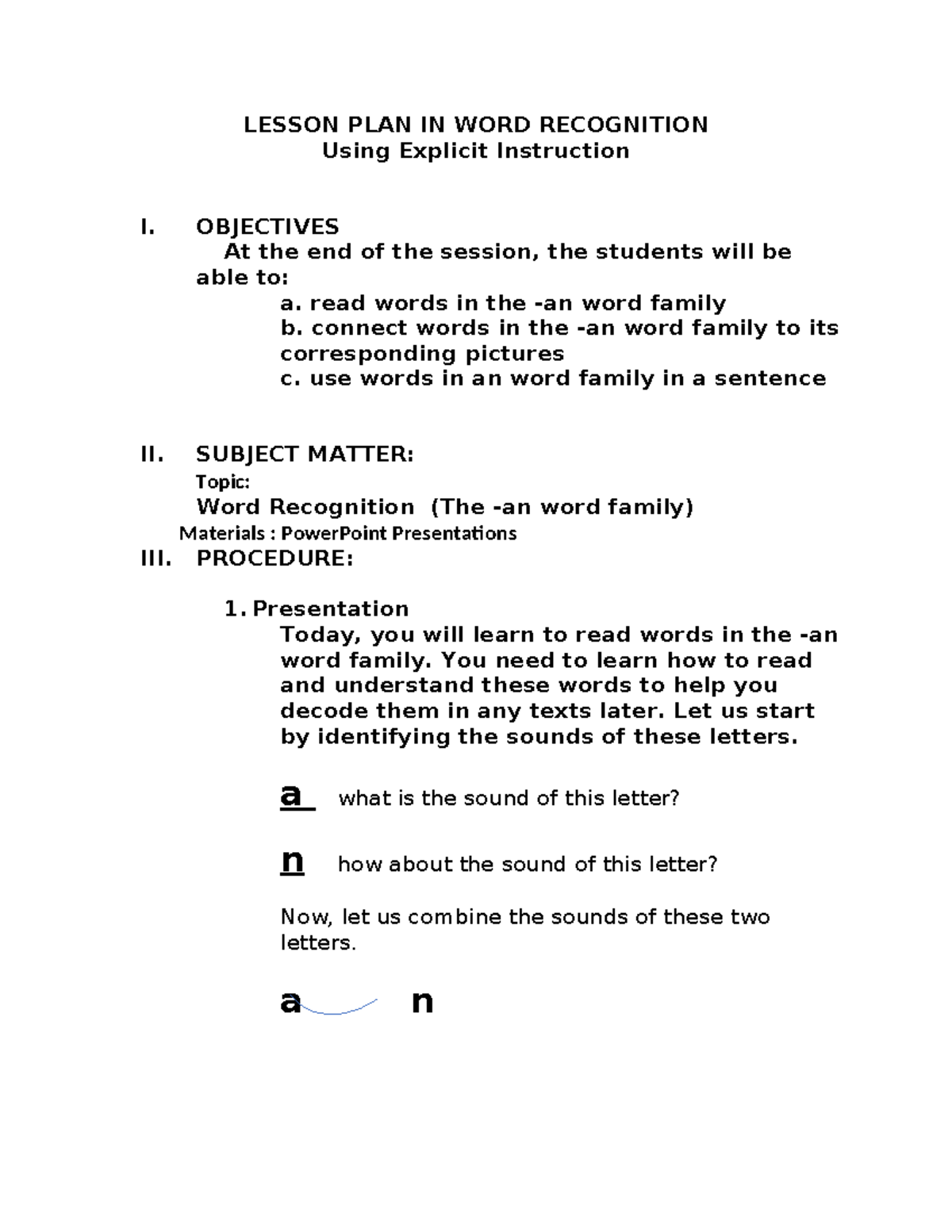 Lesson PLAN IN WORD Recognition - LESSON PLAN IN WORD RECOGNITION Using Explicit Instruction I ...