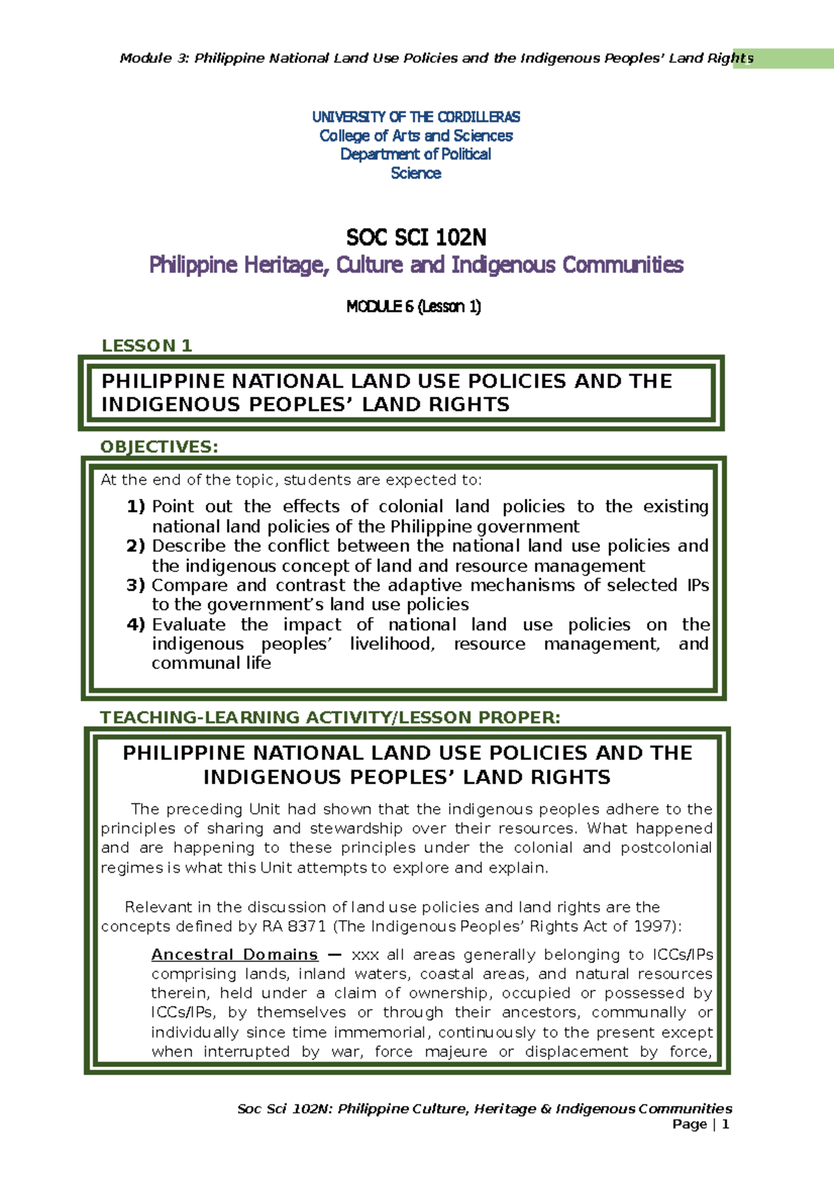 SOC SCI 101N Module 3 - Philippine National Land Use Policies and the ...