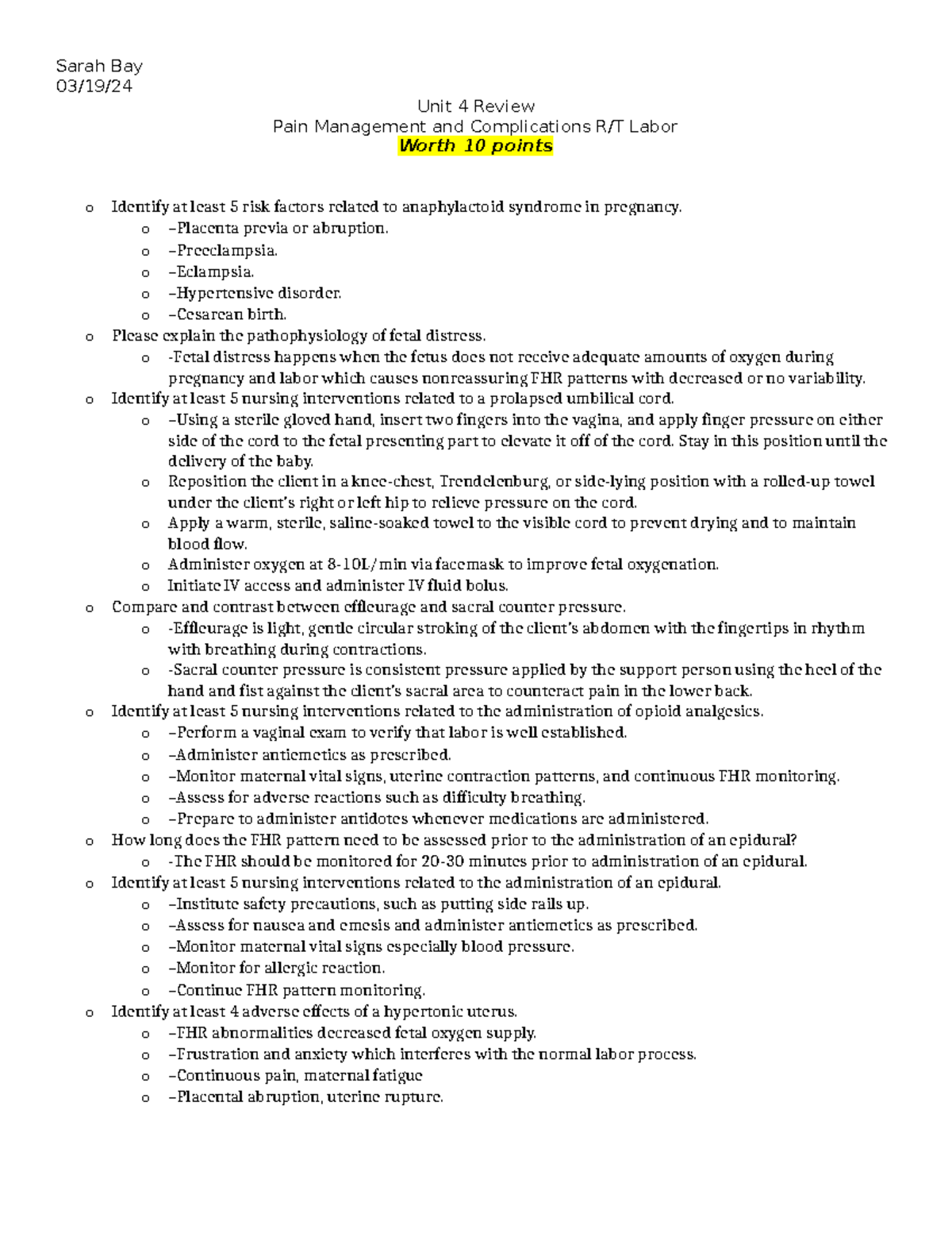 Unit 4 Review - study material - Sarah Bay 03/19/ Unit 4 Review Pain ...