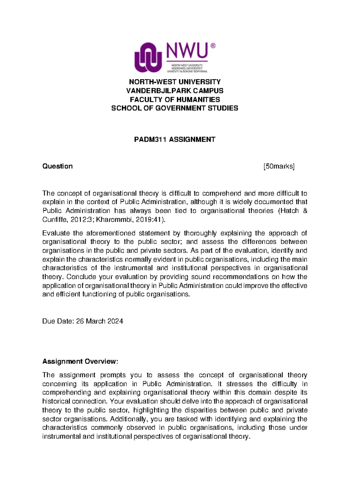 PADM311 assignment - NORTH-WEST UNIVERSITY VANDERBJILPARK CAMPUS ...