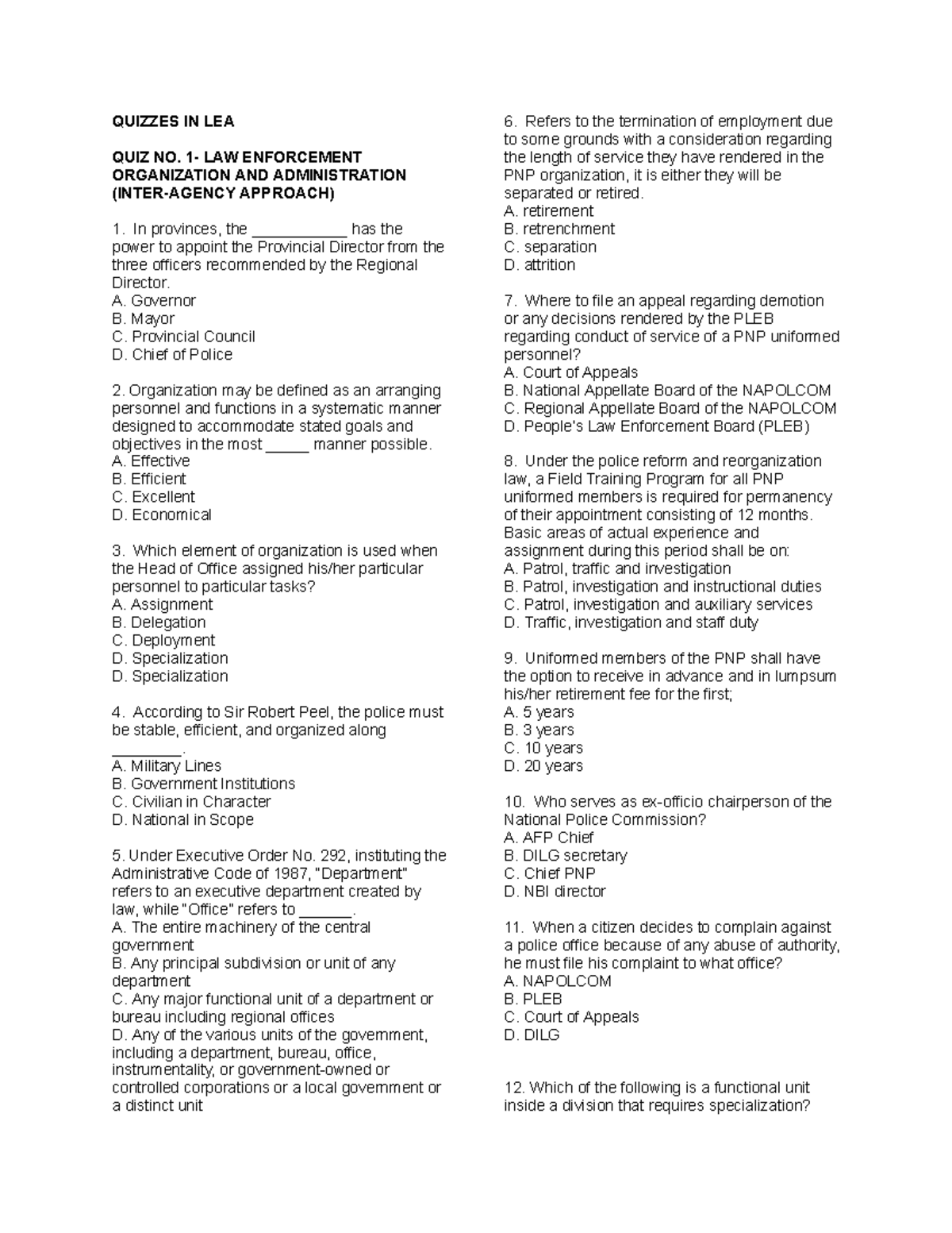 Quizzes IN LEA - nskajdovkg - QUIZZES IN LEA QUIZ NO. 1- LAW ...