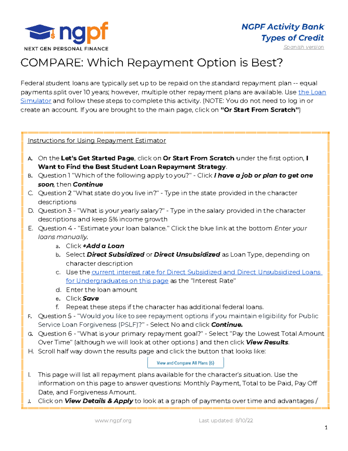 Compare Which Repayment Option is Best - NGPF Activity Bank Types of ...