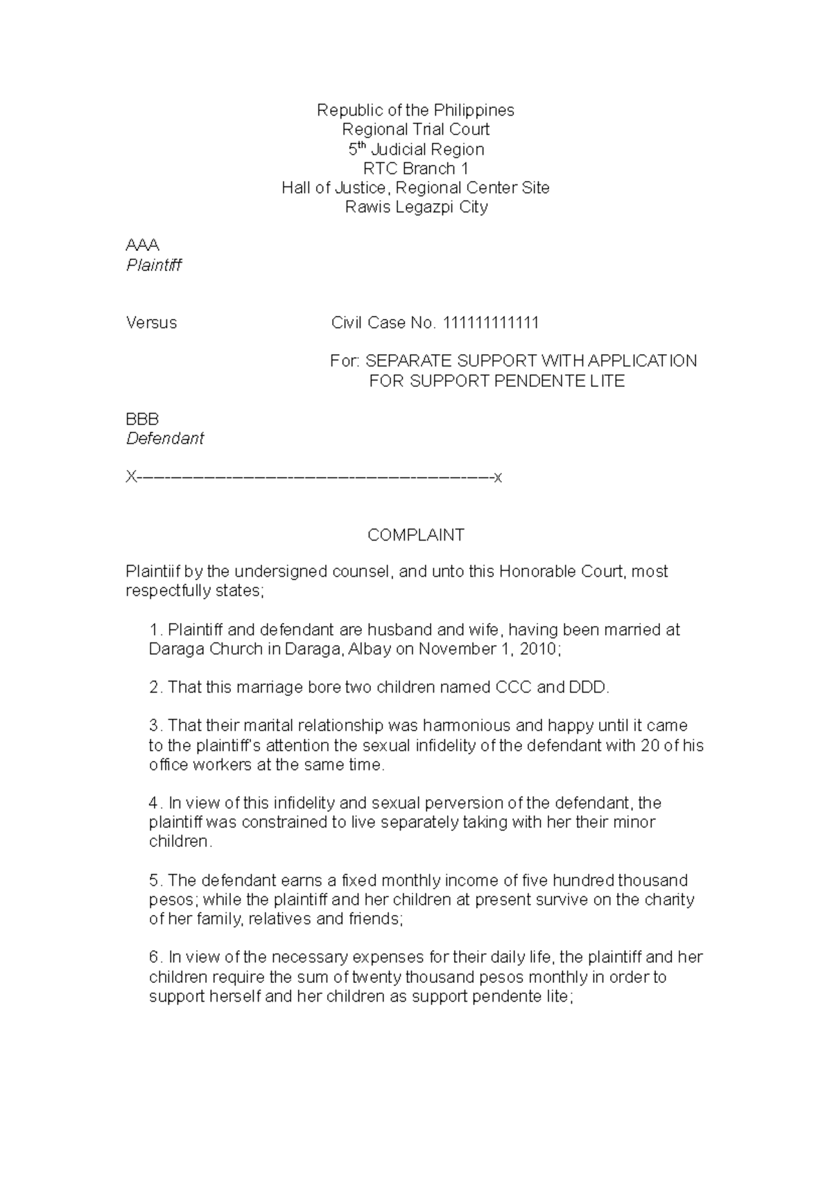 Support-pendente-lite - Republic of the Philippines Regional Trial ...