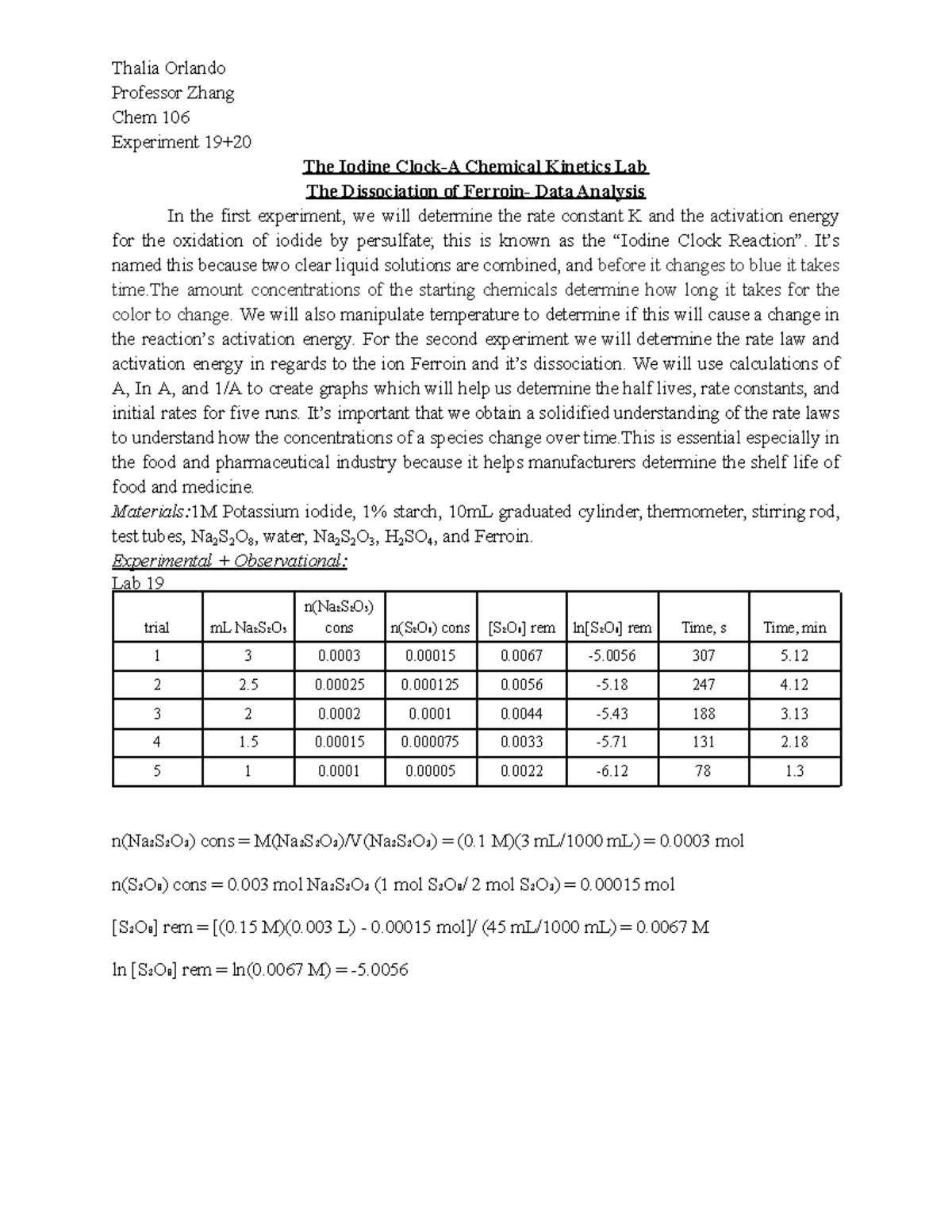 Thalia Orlando Chem 106 Labs 19 20 - Thalia Orlando Professor Zhang ...