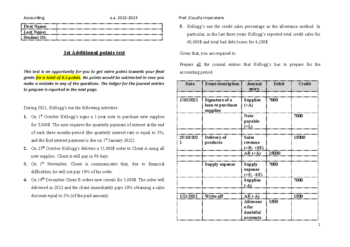A.A. 2022-2023 First Additional Points test Solution - Accounting a ...
