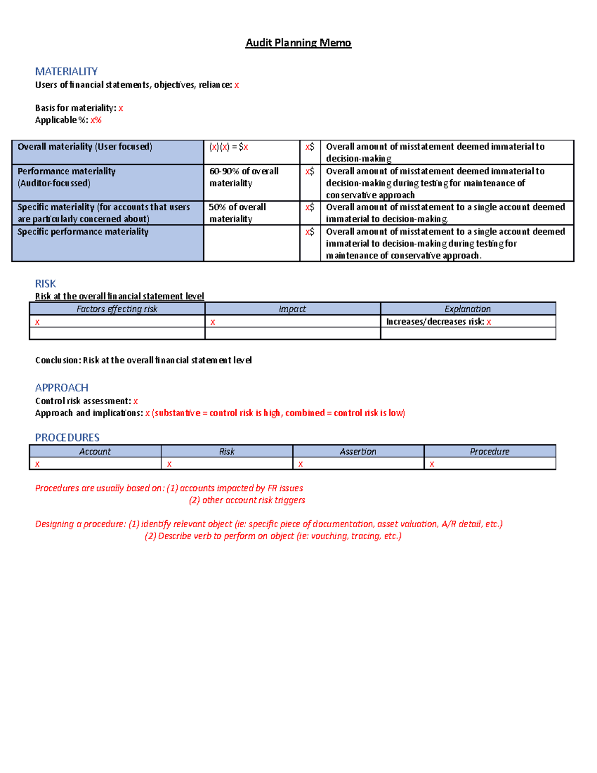 Audit Planning Memo template - Audit Planning Memo MATERIALITY Users of ...