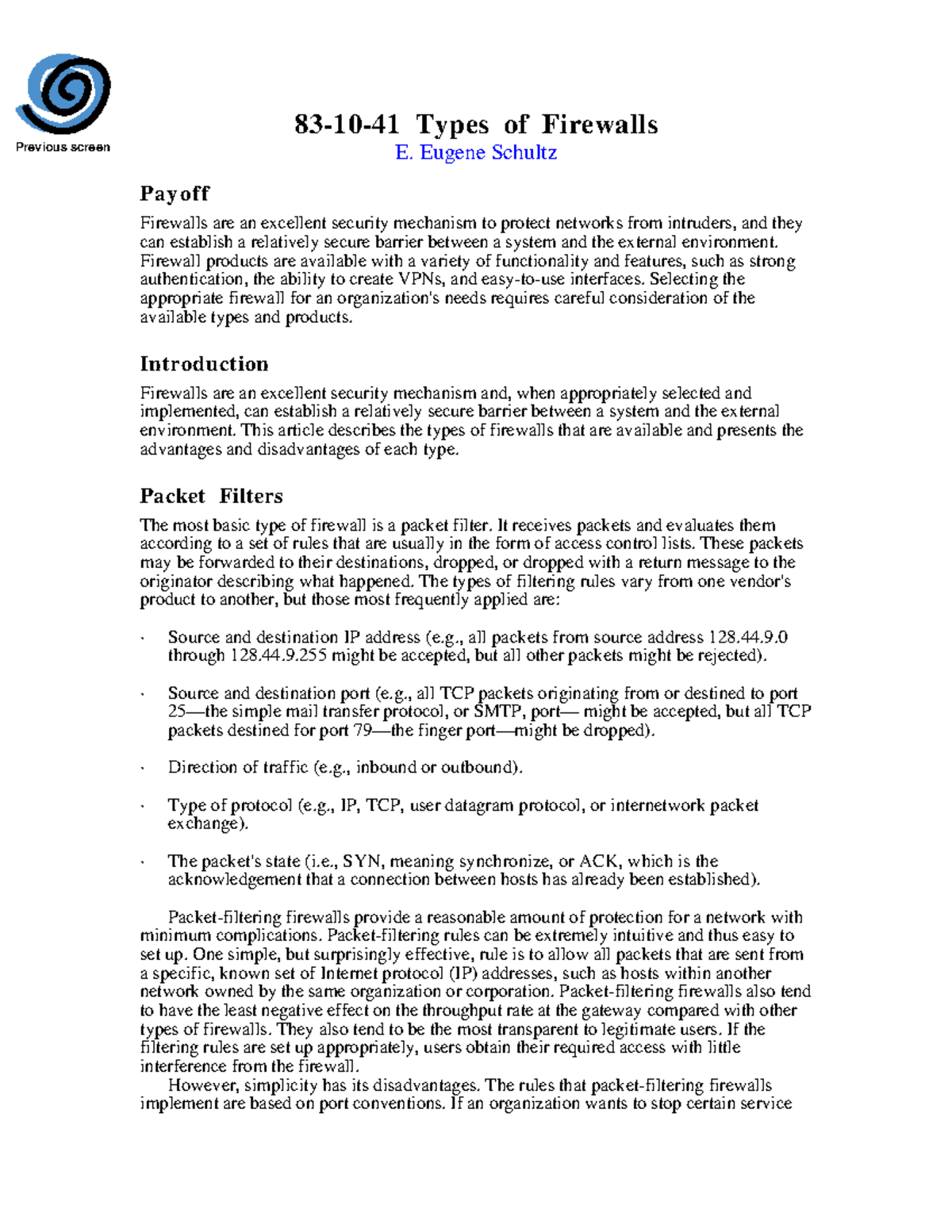 83-10-41 - Firewall notes - 83-10-41 Types of Firewalls E. Eugene ...
