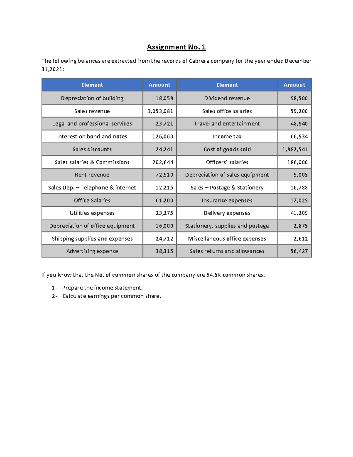 Ex Ch 4 - intermediate accounting - Assignment No. 1 The following ...