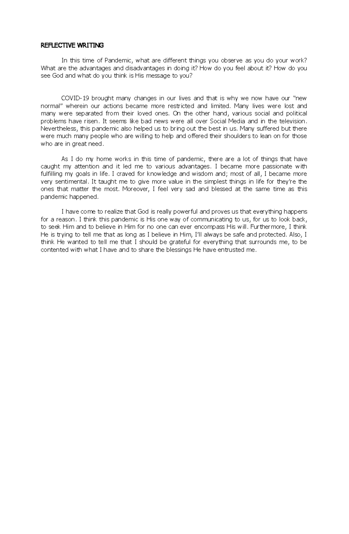 Reflective Writing - Pandemic - REFLECTIVE WRITING In this time of ...