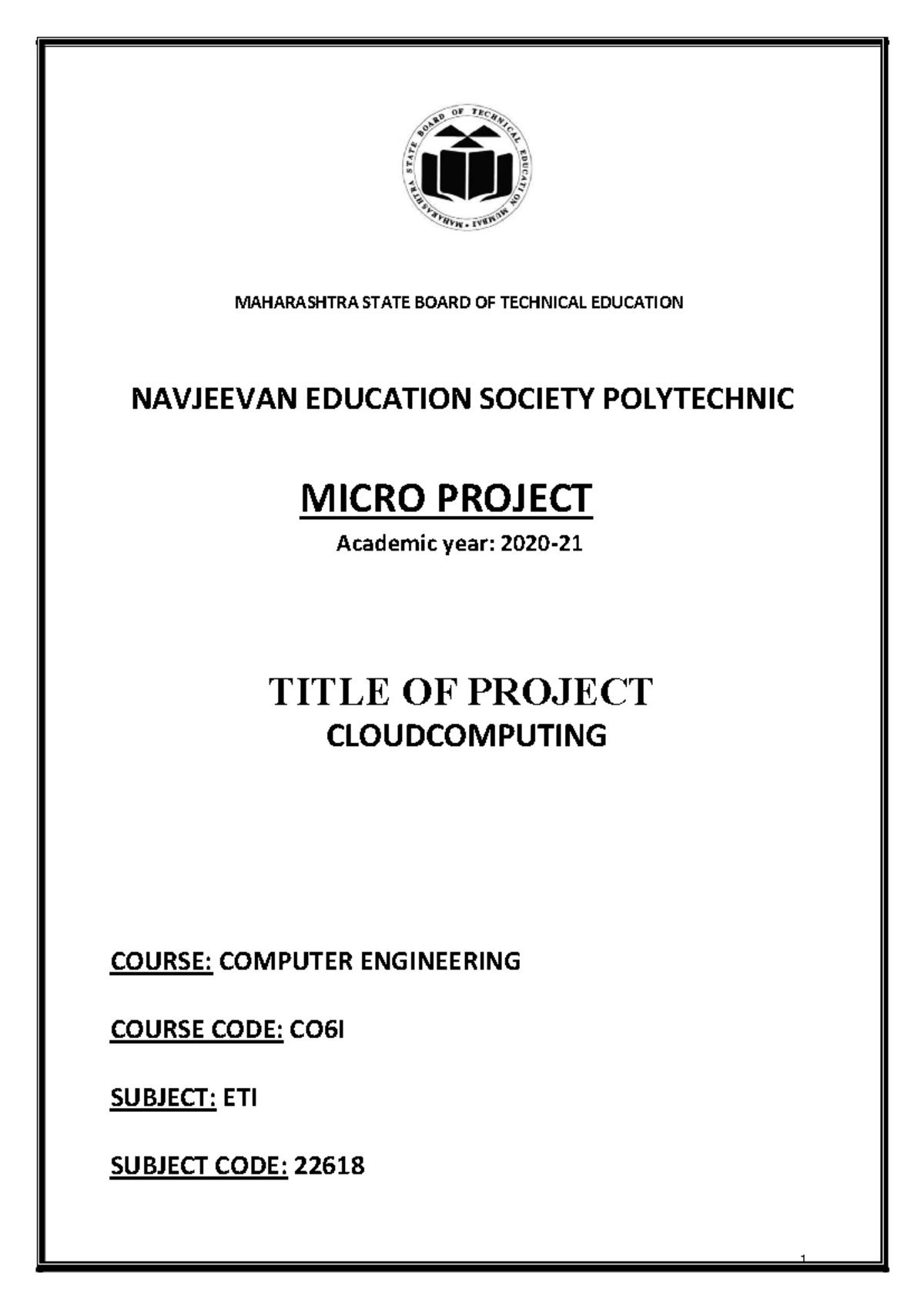 ETI Project - MAHARASHTRA STATE BOARD OF TECHNICAL EDUCATION NAVJEEVAN EDUCATION SOCIETY ...