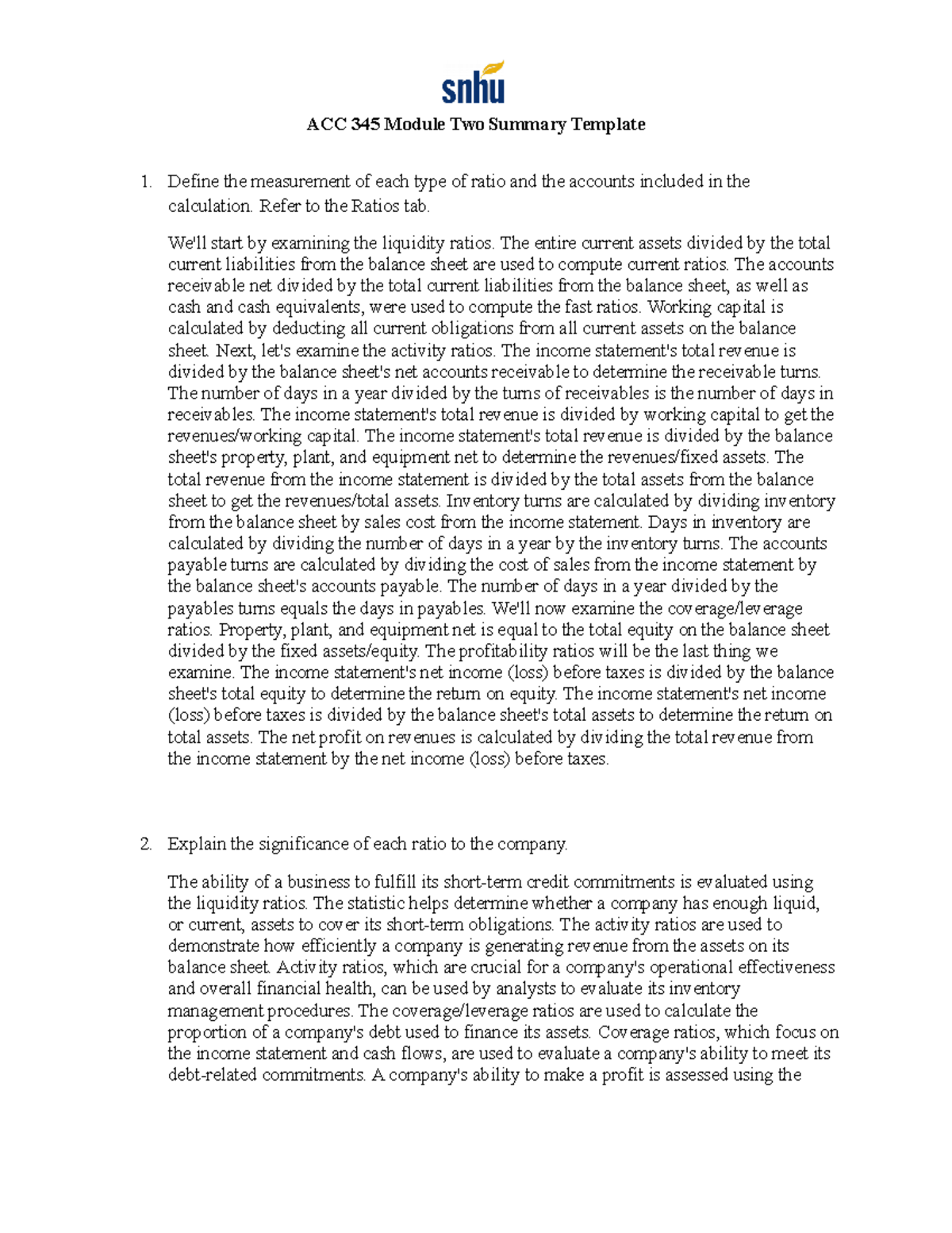 ACC 345 Module Two Summary - Define the measurement of each type of ...