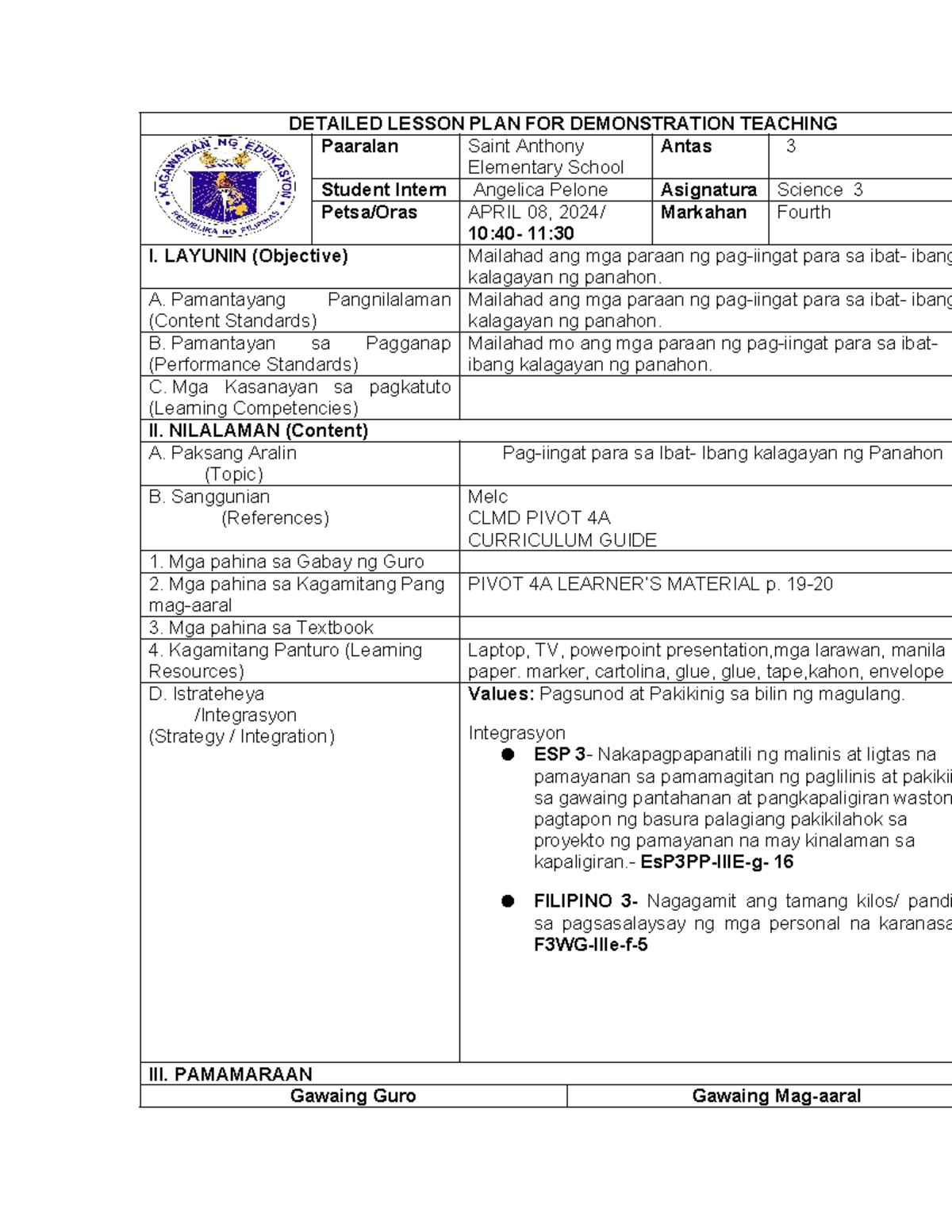 Final Demonstration- Science ( Grade 3- Rosal) - DETAILED LESSON PLAN ...